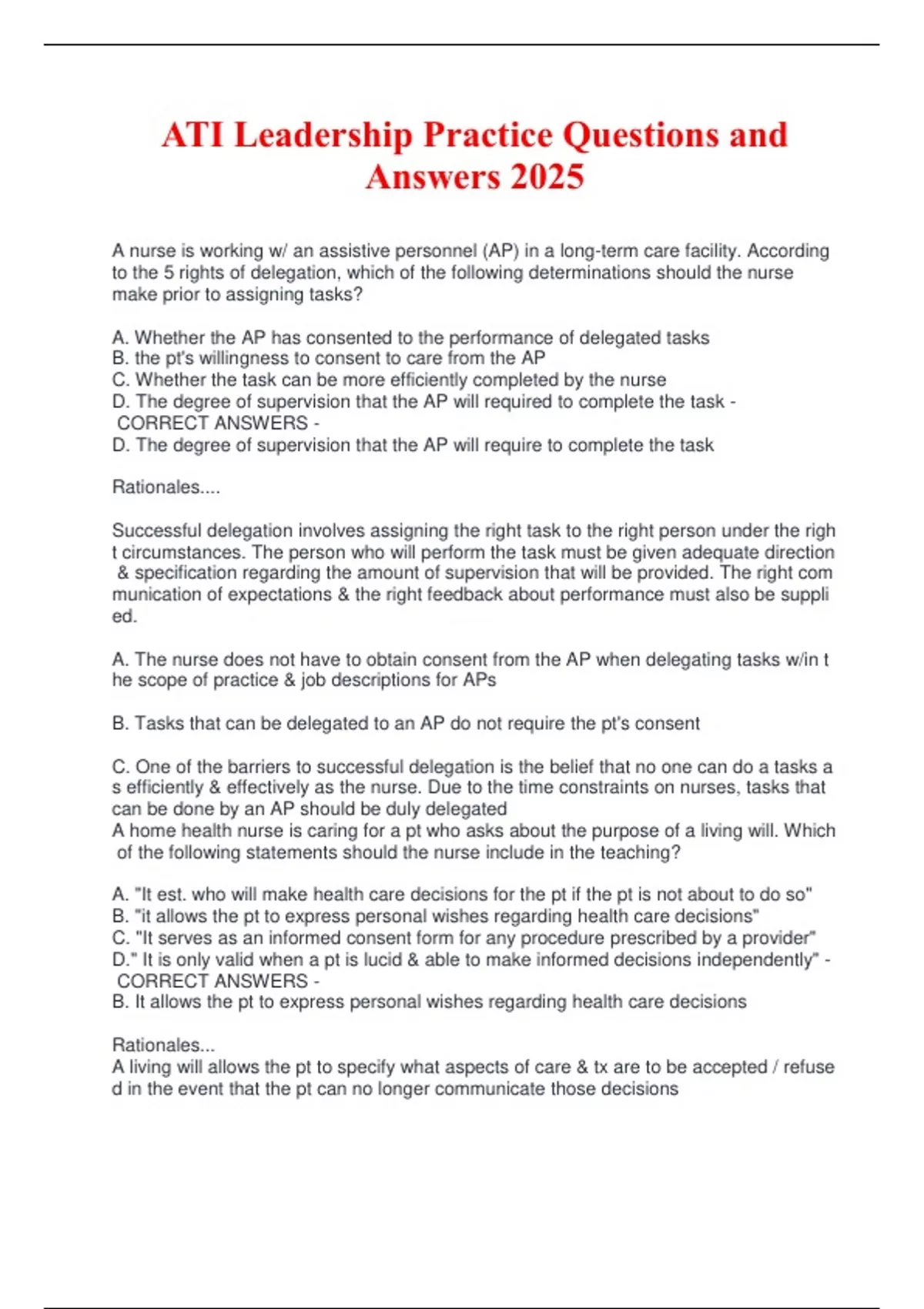 ATI Leadership Practice Questions and Answers 2025 - ATI RN LEADERSHIP - Stuvia US