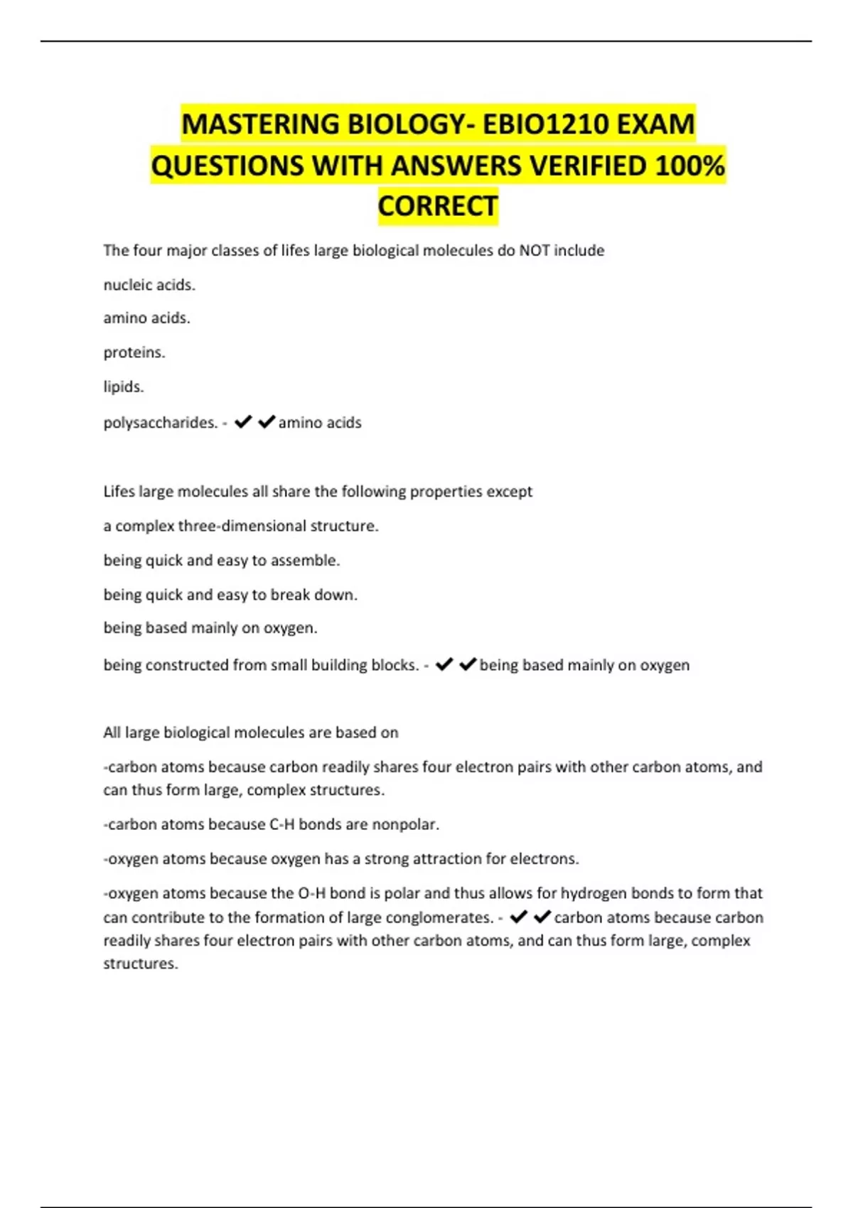 MASTERING BIOLOGY- EBIO1210 EXAM QUESTIONS WITH ANSWERS VERIFIED 100% ...