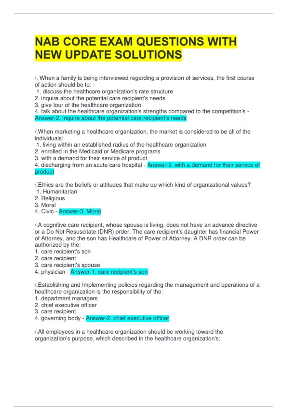 NAB CORE EXAM QUESTIONS WITH NEW UPDATE SOLUTIONS - NAB CORE - Stuvia US