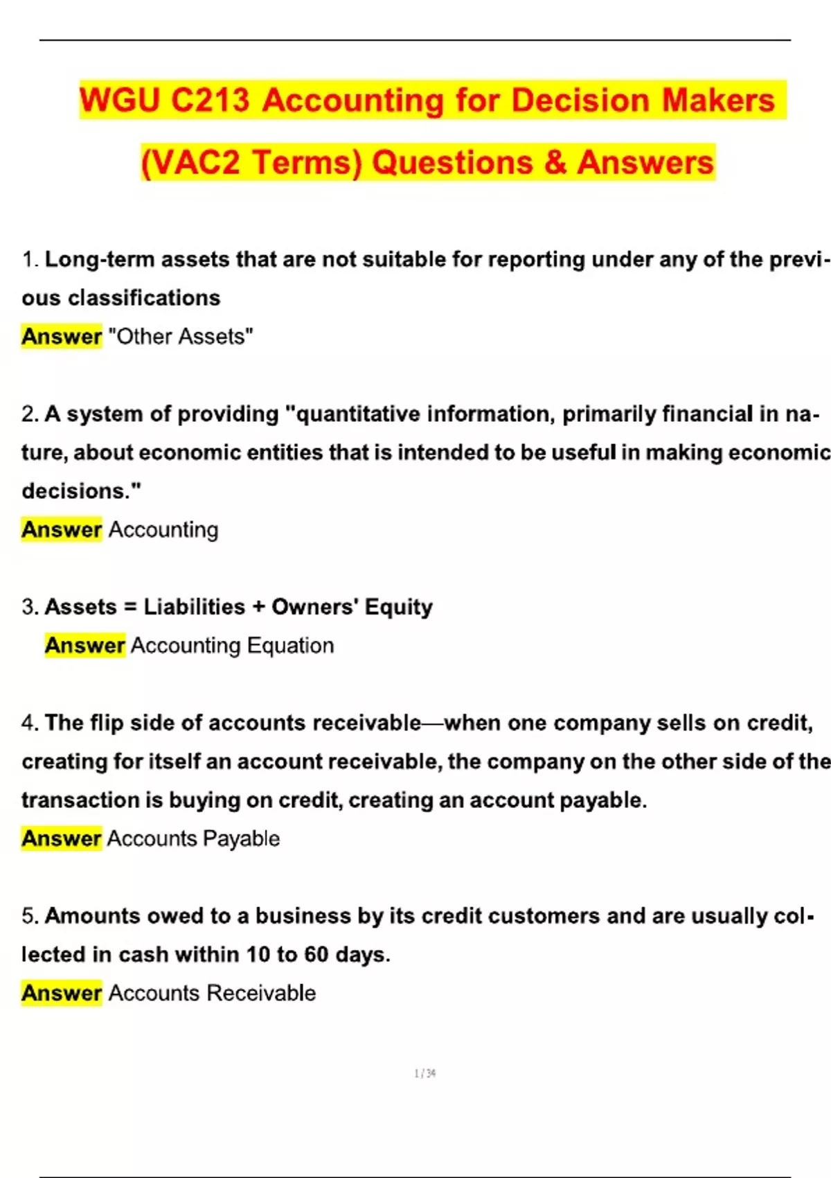 WGU C213 Accounting for Decision Makers (VAC2 Terms) Actual Exam ...