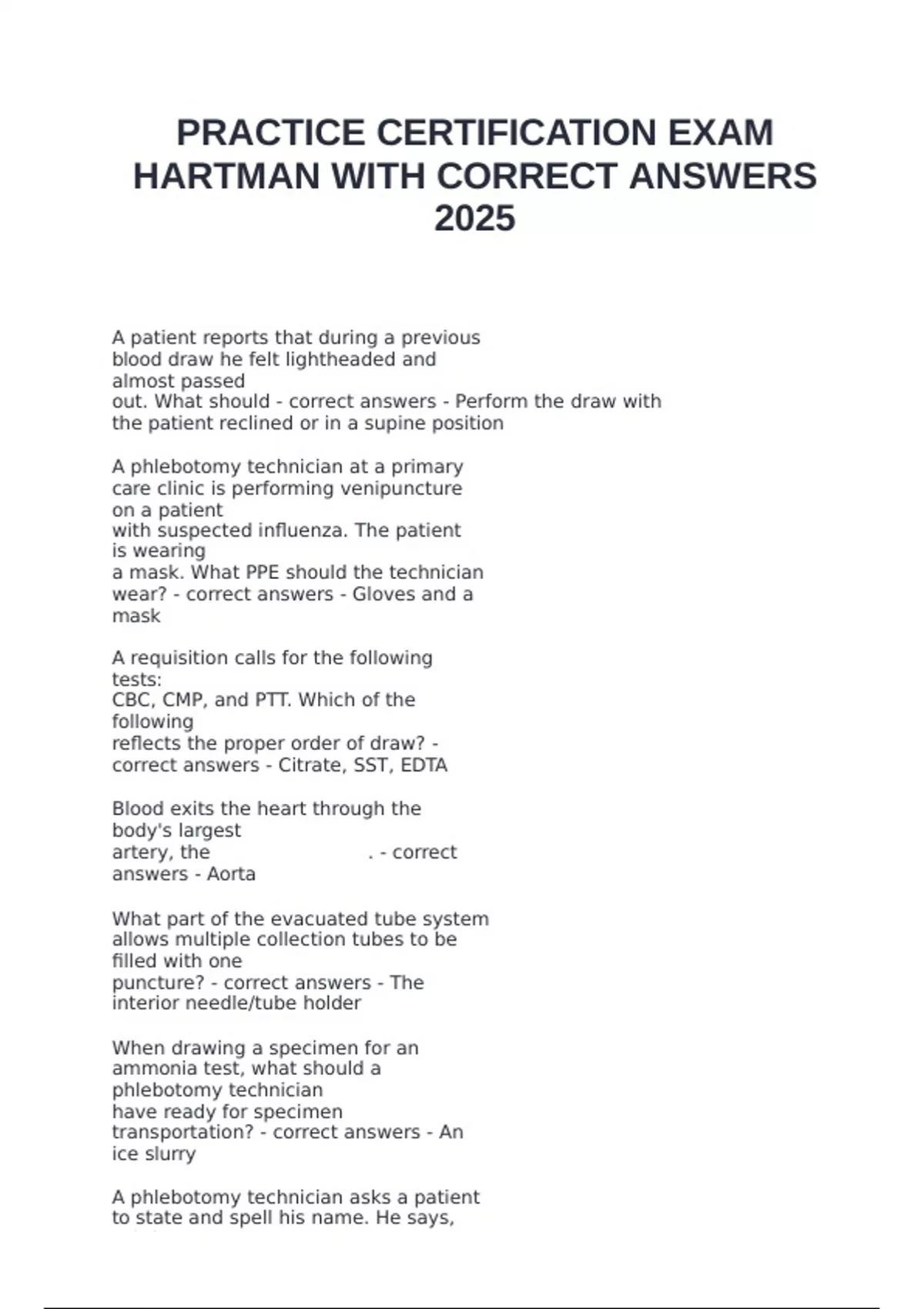 PRACTICE CERTIFICATION EXAM HARTMAN WITH CORRECT ANSWERS 2025 ...