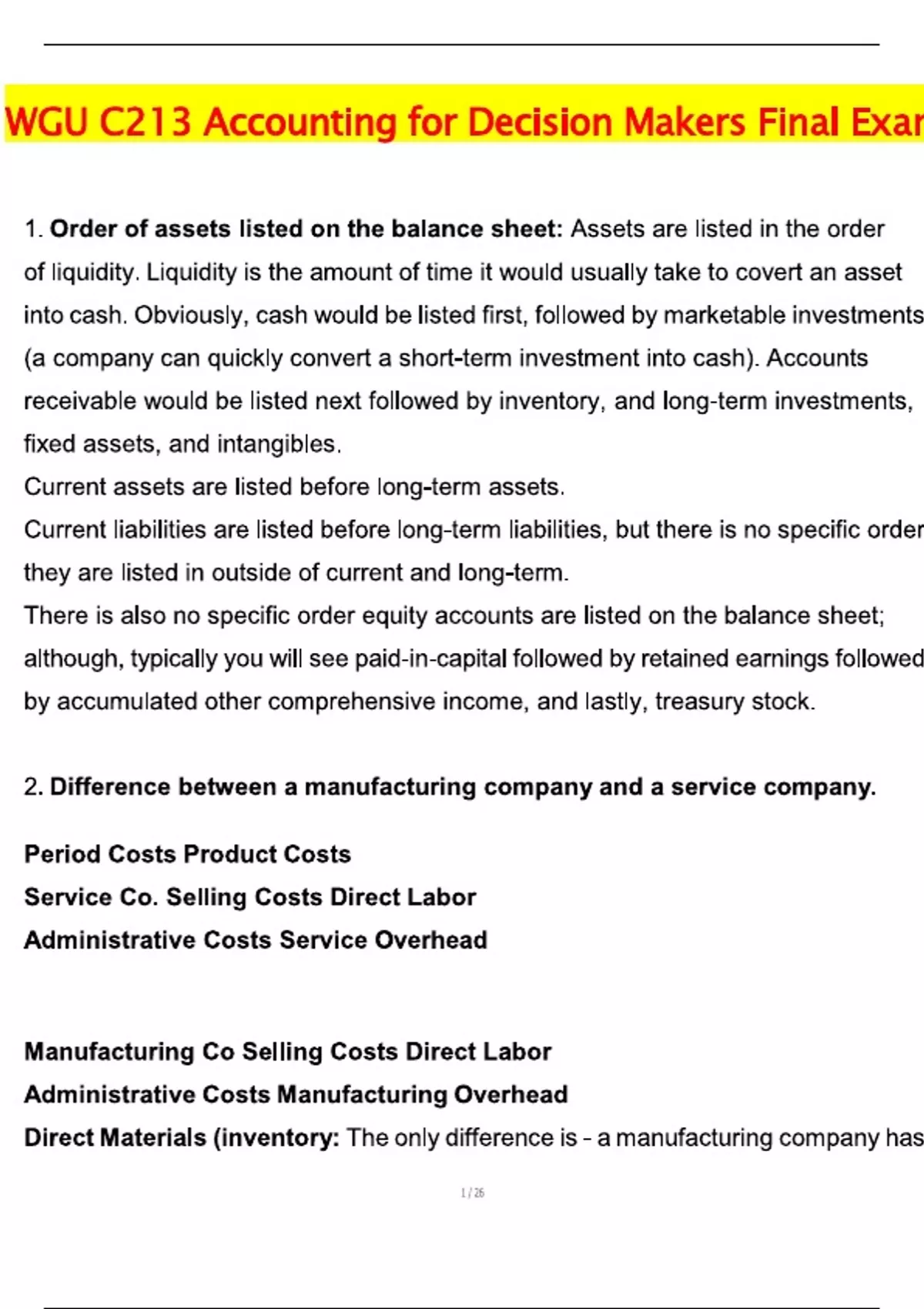 WGU C213 Accounting for Decision Makers Final Actual Exam (Latest 2025 ...