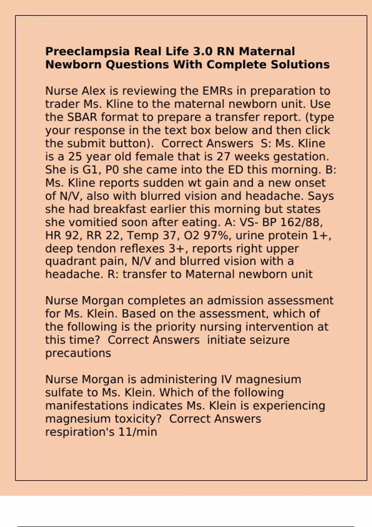 Preeclampsia Real Life 3.0 RN Maternal Newborn Questions With Complete Solutions - Preeclampsia ...