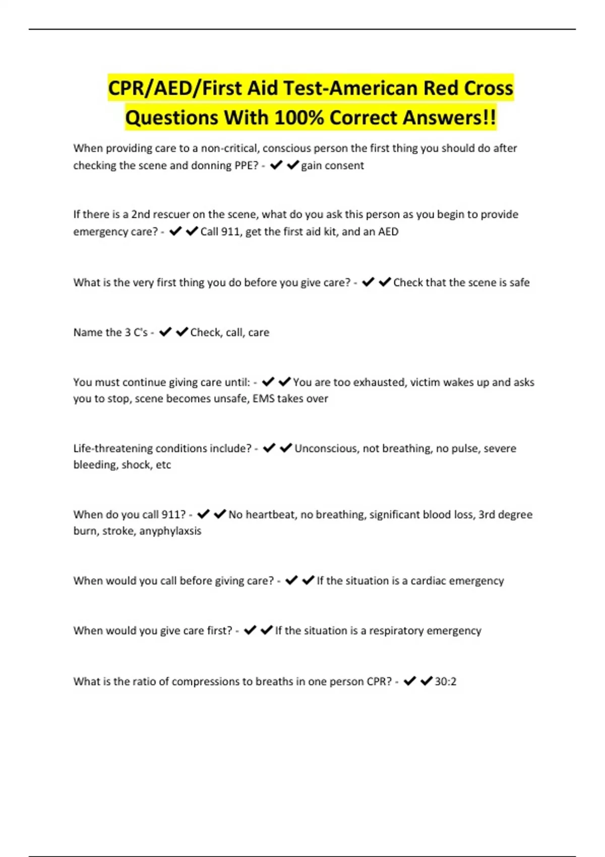 CPR/AED/First Aid Test-American Red Cross Questions With 100% Correct ...