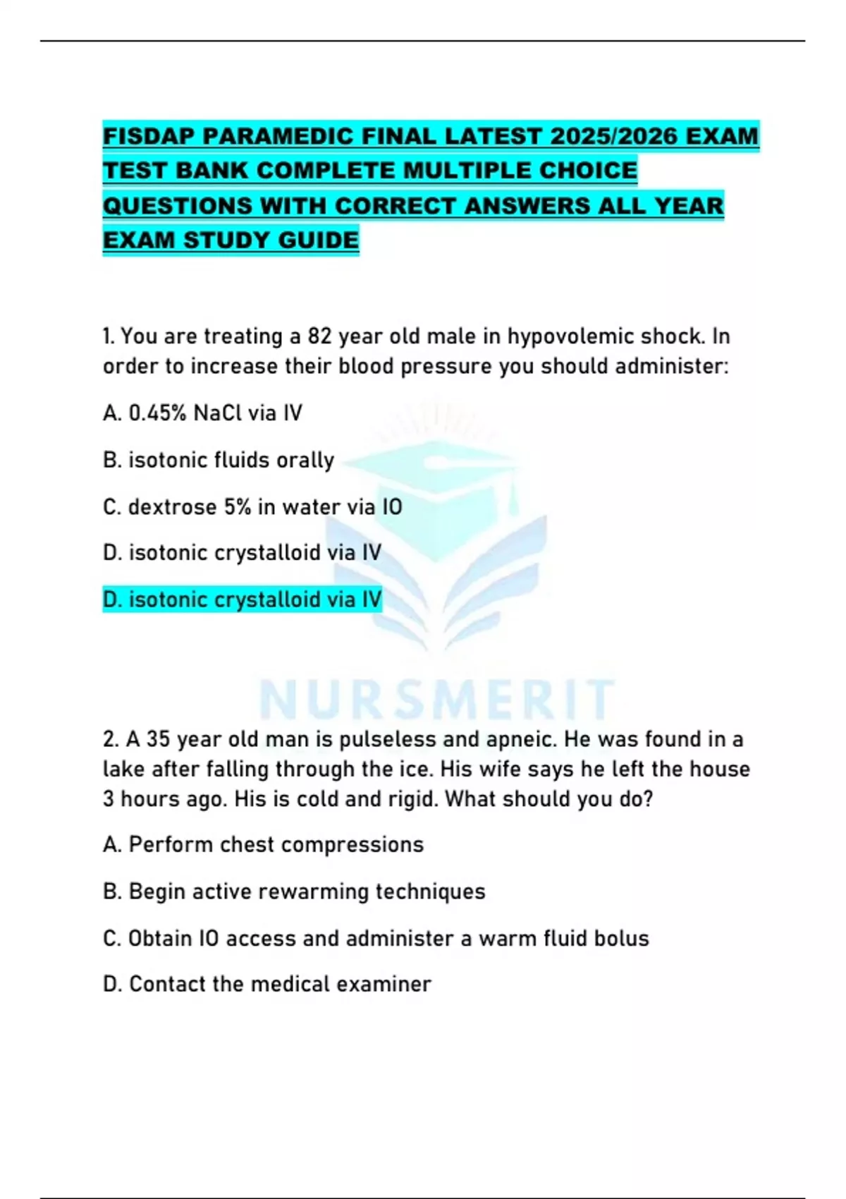 FISDAP PARAMEDIC FINAL LATEST 2025/2026 EXAM TEST BANK COMPLETE ...