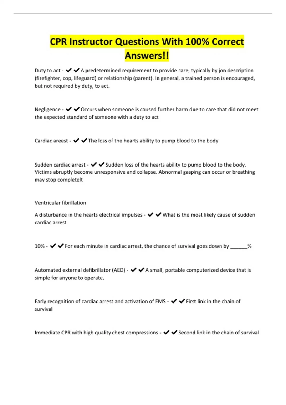 CPR Instructor Questions With 100% Correct Answers - CPR - Stuvia US