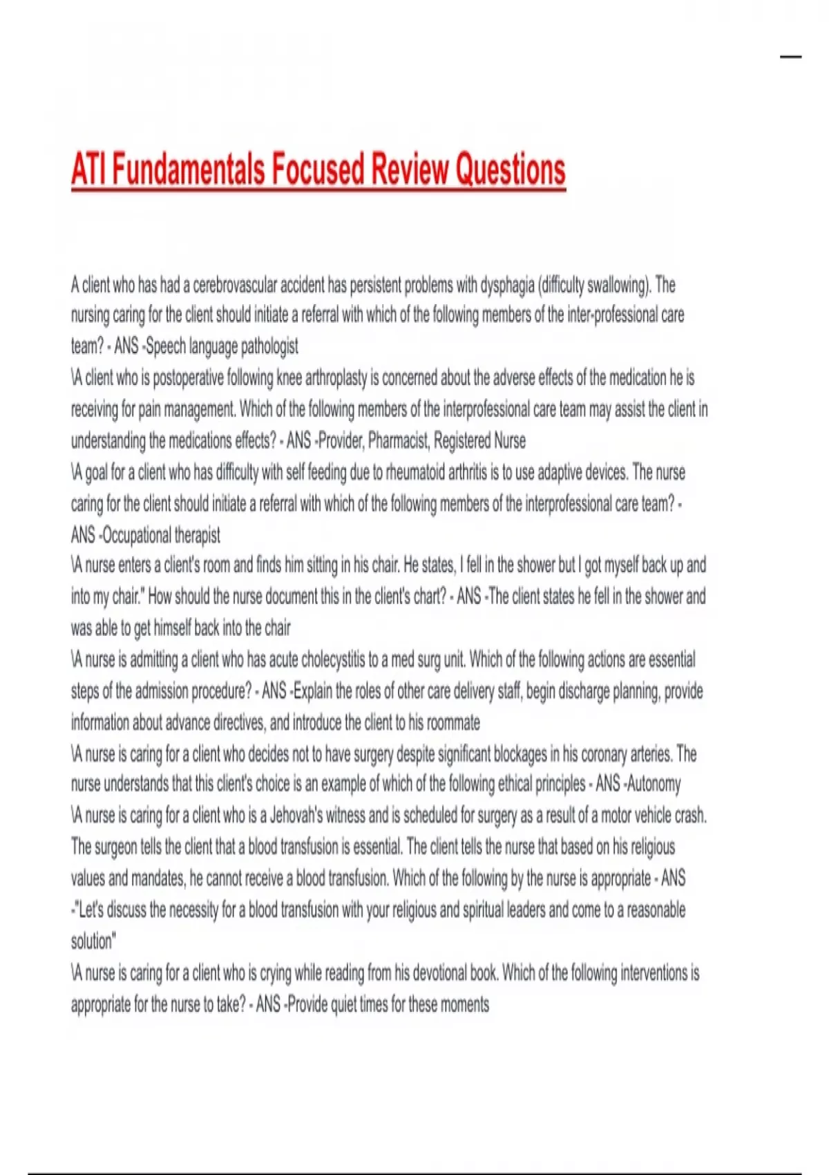 ATI Fundamentals Focused Review Exam 2025/2026 Questions With Completed ...