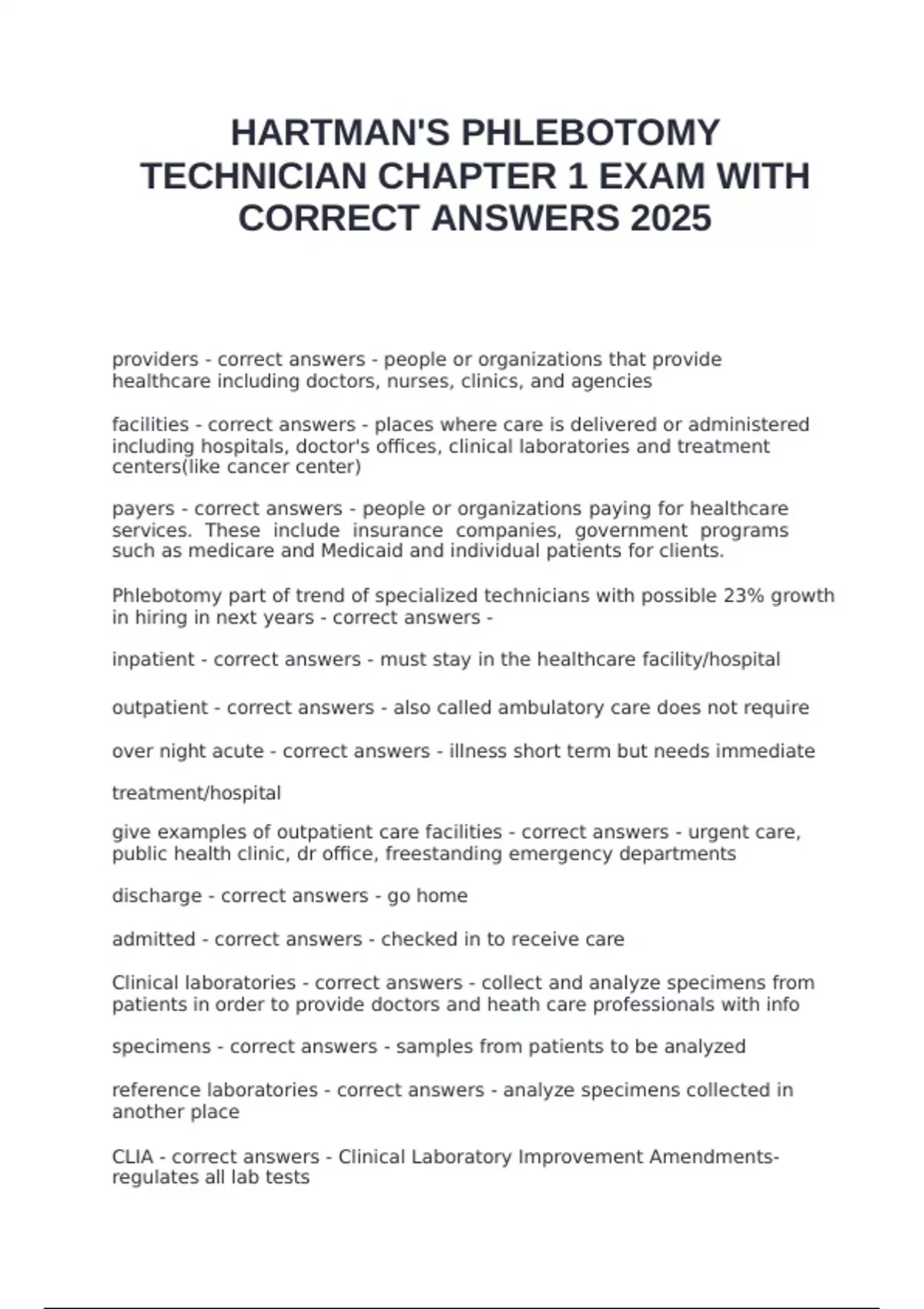 HARTMAN'S PHLEBOTOMY TECHNICIAN CHAPTER 1 EXAM WITH CORRECT ANSWERS ...