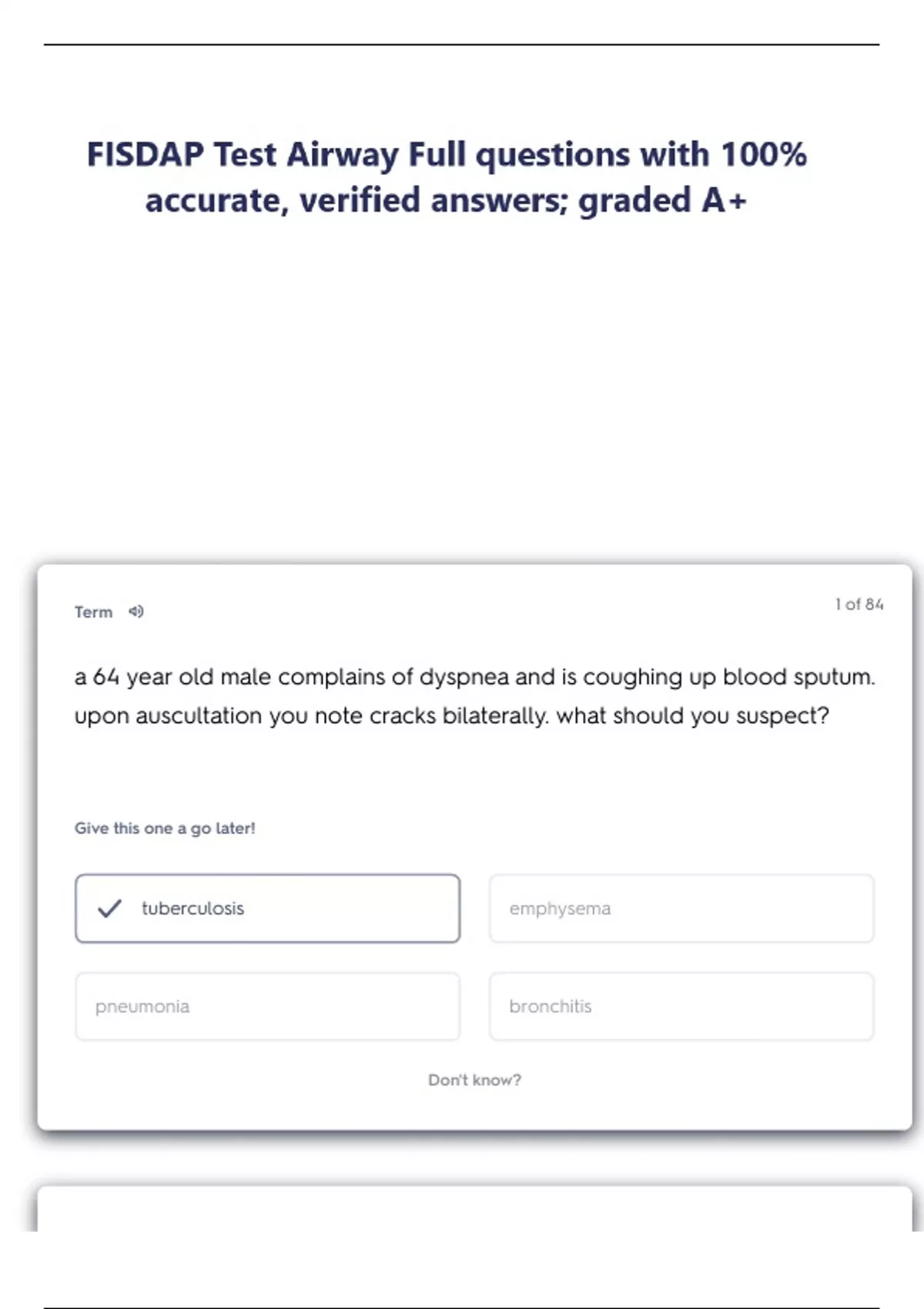 FISDAP Test Airway Full questions with 100% accurate, verified answers ...