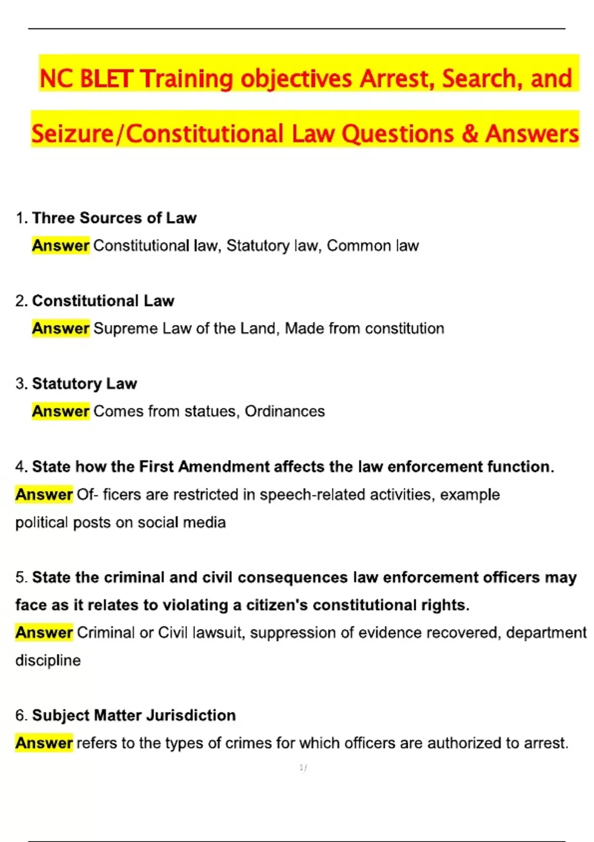 NC BLET Training objectives Arrest, Search, and Seizure Constitutional ...