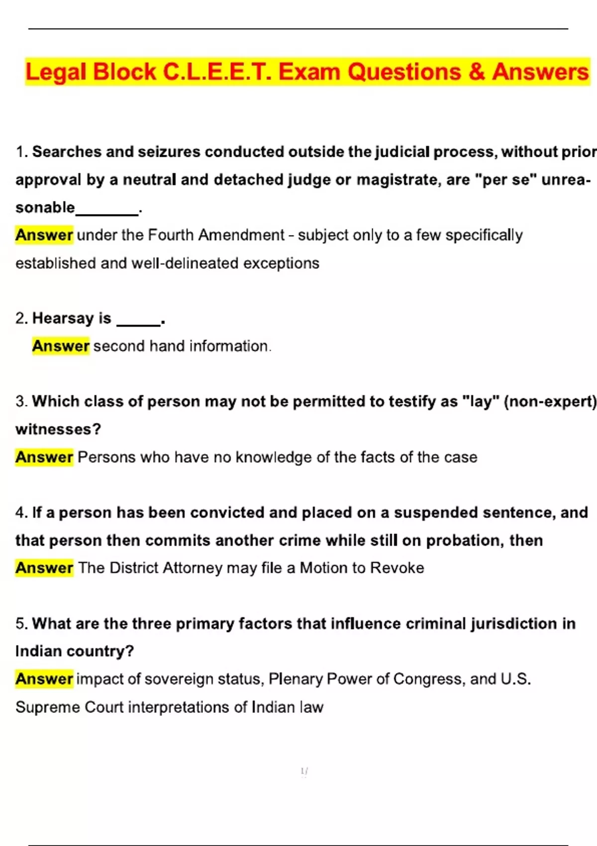 CLEET Legal Block Exam (Latest 2025 / 2026 Update) Questions and ...