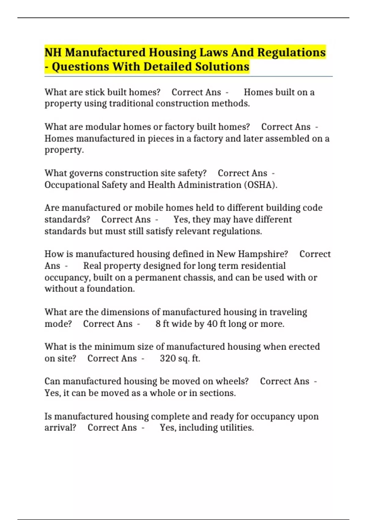 NH Manufactured Housing Laws And Regulations - Questions With Detailed ...