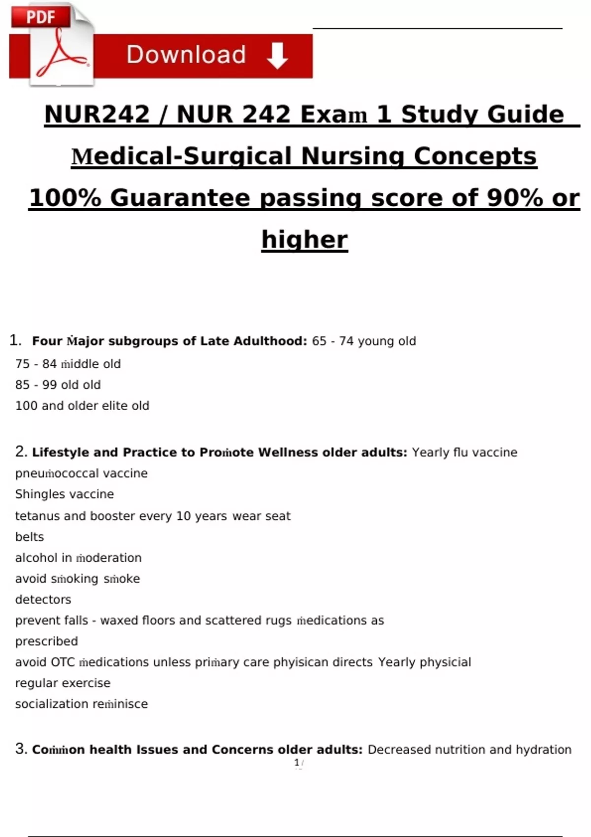 NUR242 / NUR 242 Exam 1 Study Guide Medical-Surgical Nursing Concepts ...