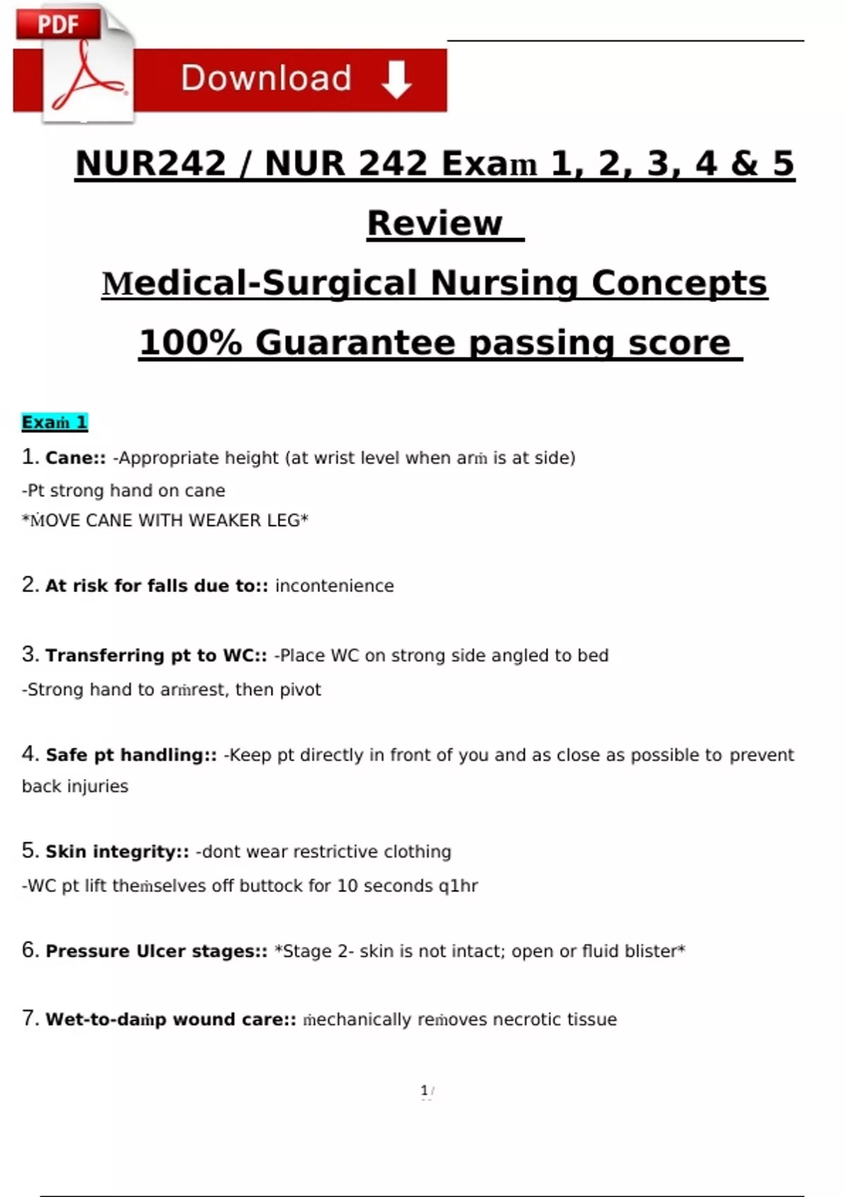 NUR242 / NUR 242 Exam 1, 2, 3, 4 & 5 Review Medical-Surgical Nursing ...