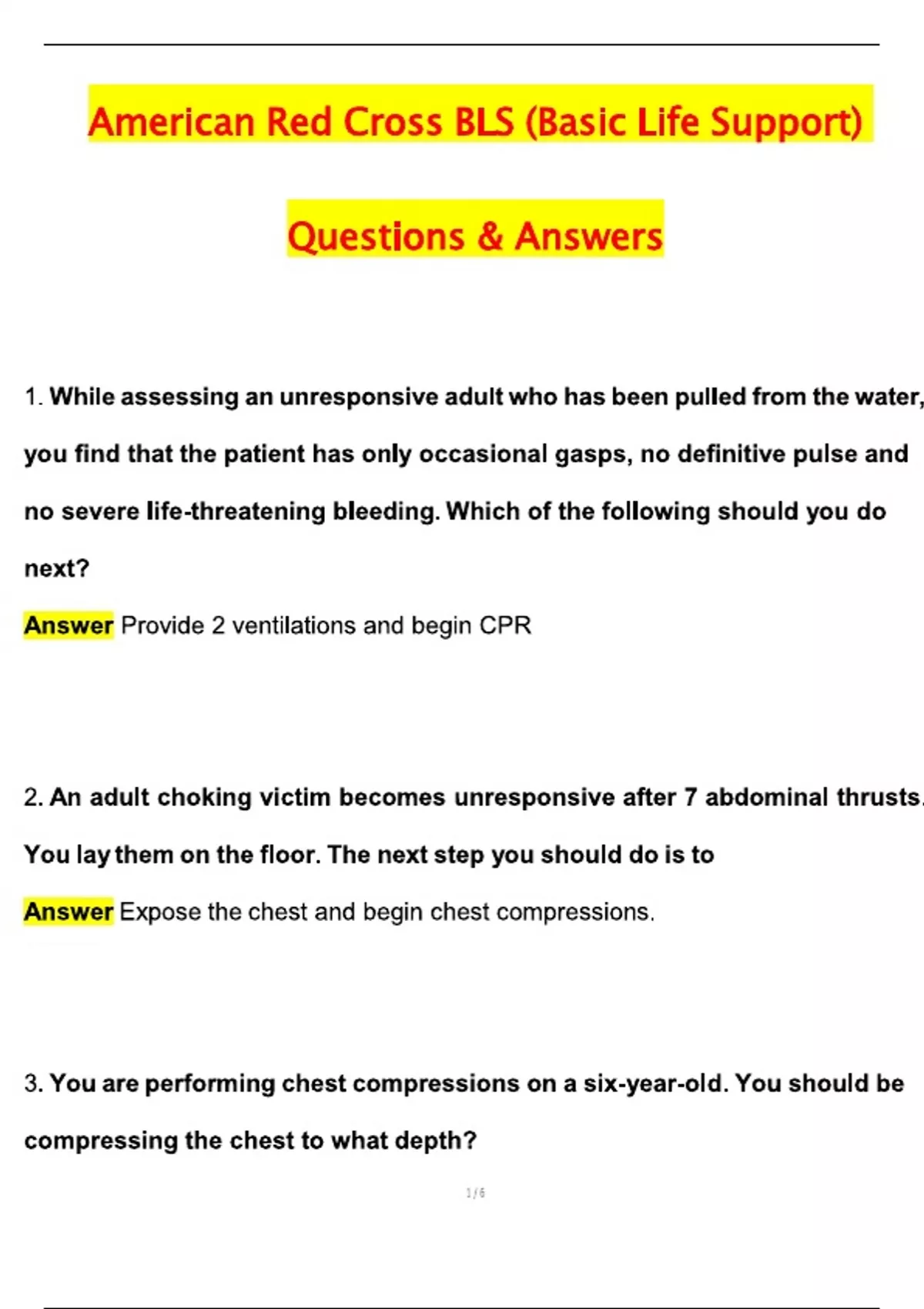 American Red Cross BLS (Basic Life Support) Exam (Latest 2025 / 2026 ...
