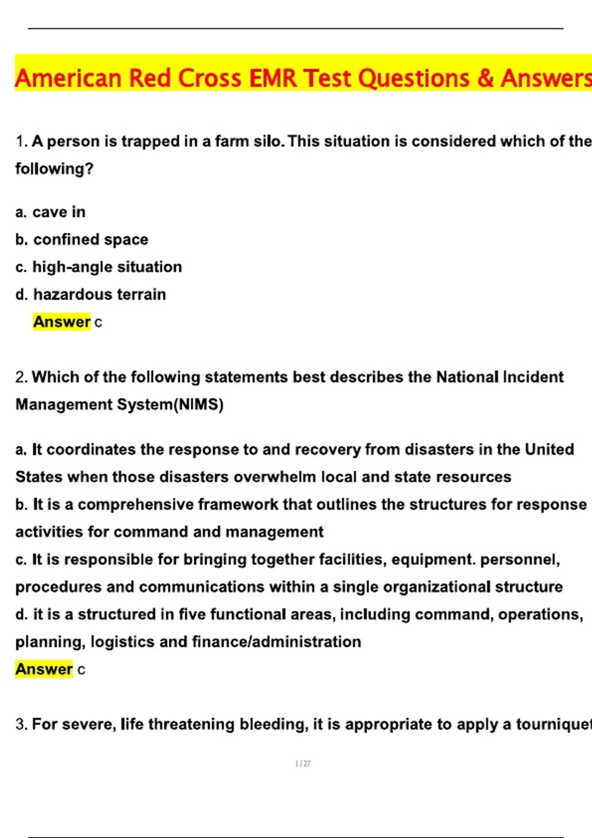 American Red Cross EMR Test pdf (Latest 2025 / 2026 Update) Questions ...