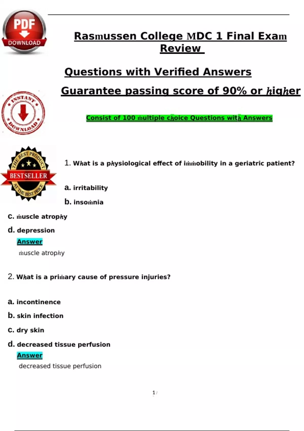Rasmussen College MDC 1 Final Exam Review Questions and Answers (2025 / ...