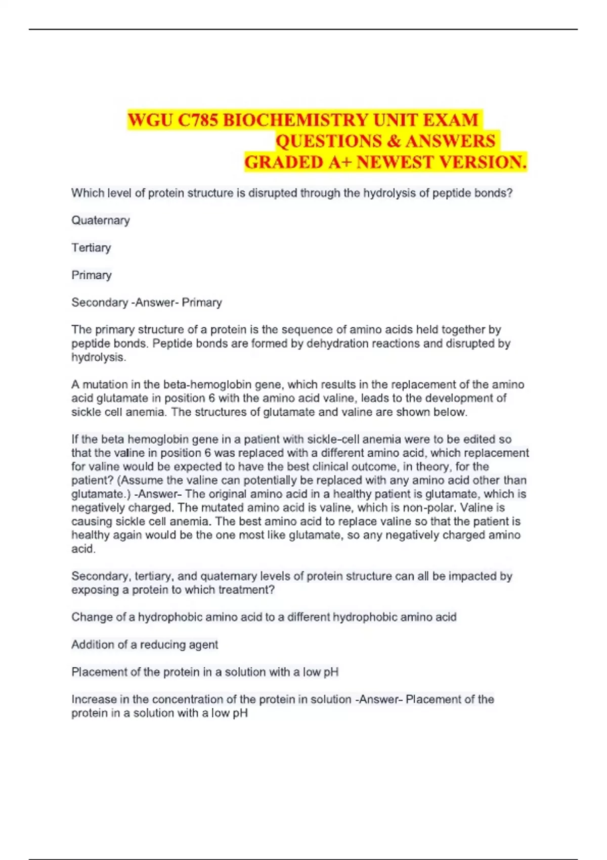 WGU C785 BIOCHEMISTRY UNIT EXAM QUESTIONS & ANSWERS GRADED A+ NEWEST ...