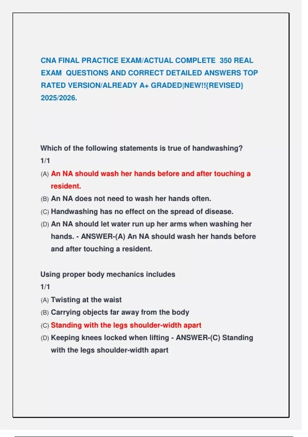 CNA FINAL PRACTICE EXAM/ACTUAL COMPLETE 350 REAL EXAM QUESTIONS AND ...
