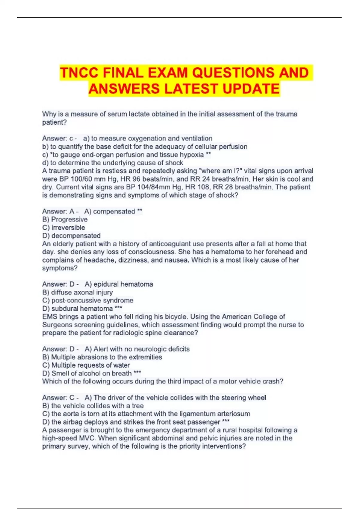 TNCC FINAL EXAM QUESTIONS AND ANSWERS LATEST UPDATE - TNCC - Stuvia US