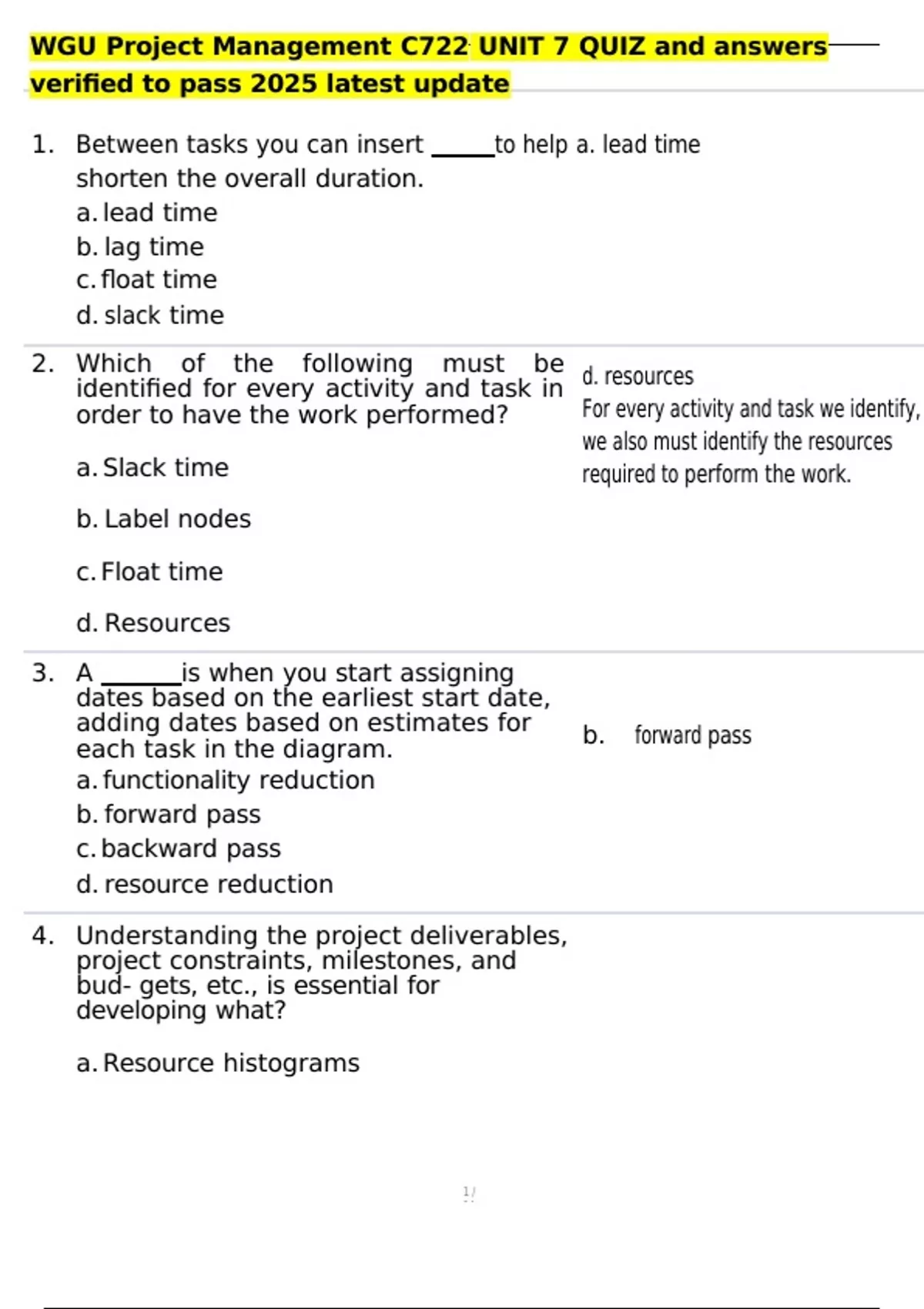 WGU Project Management C722 UNIT 7 QUIZ and answers verified to pass ...