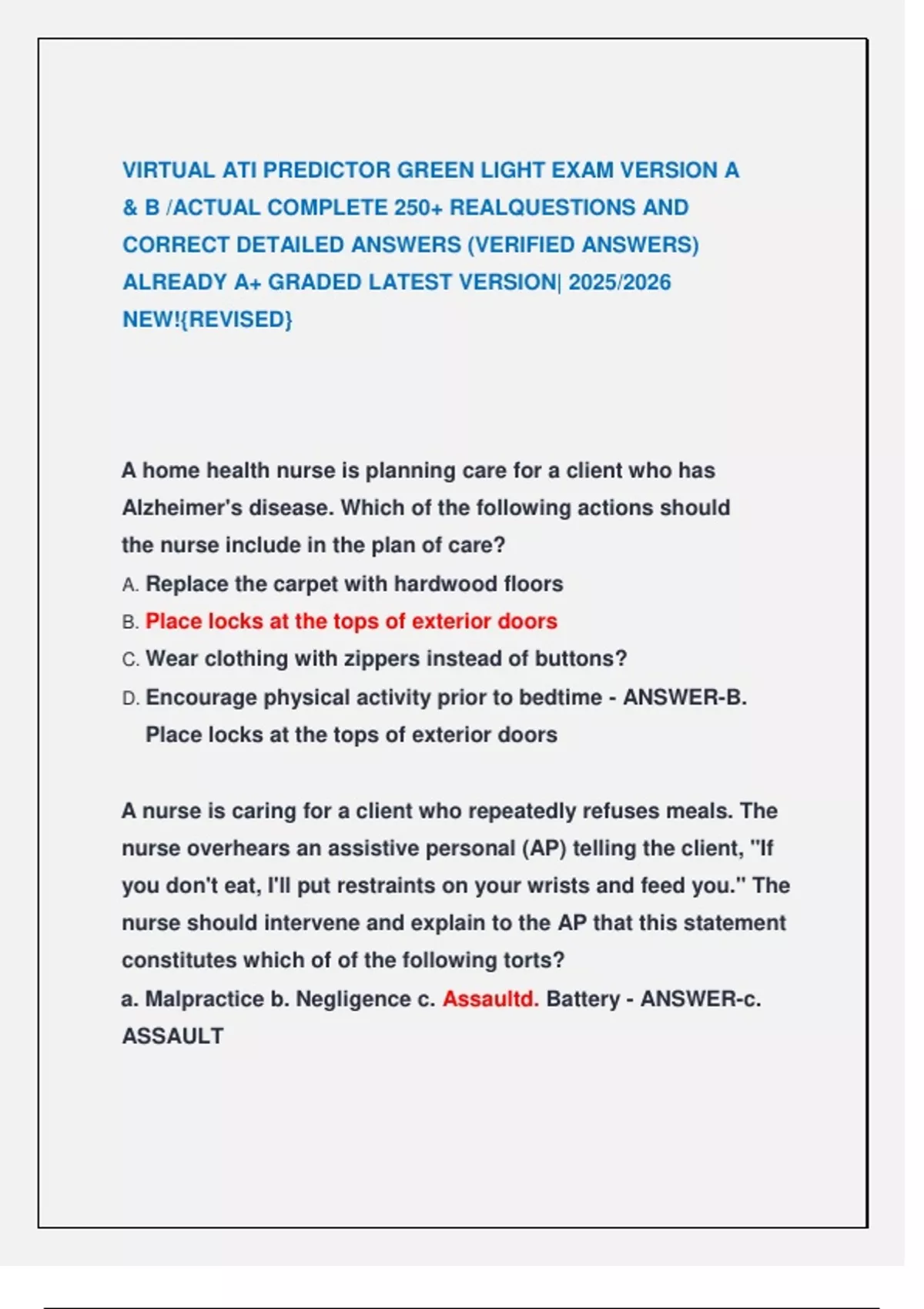 VIRTUAL ATI PREDICTOR GREEN LIGHT EXAM VERSION A & B /ACTUAL COMPLETE ...