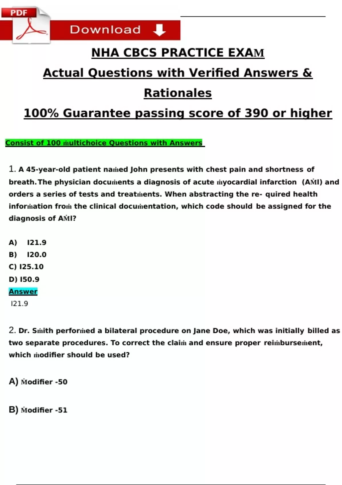 NHA CBCS PRACTICE EXAM 2 Questions and Answers (2025 / 2026) (Verified ...