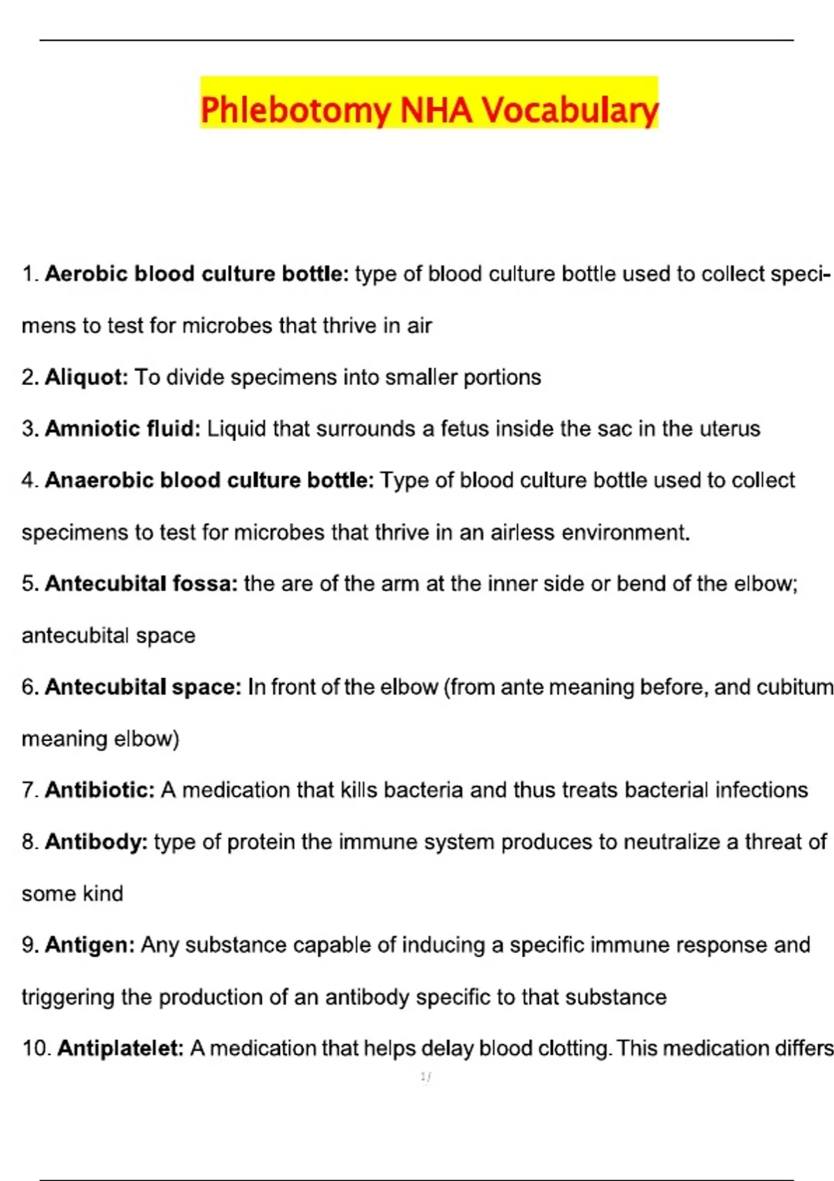 NHA PHLEBOTOMY Vocabulary (Latest 2025 / 2026 Update) Questions and ...