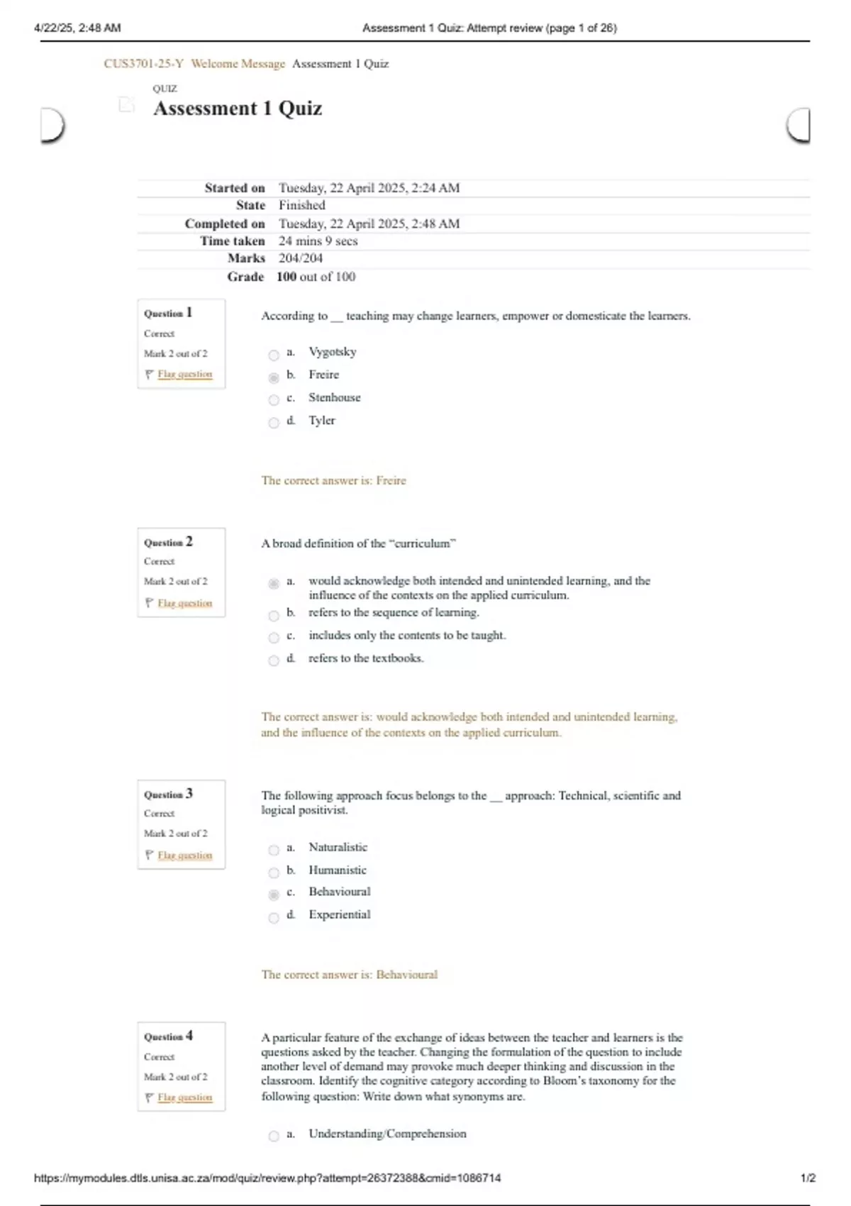 CUS3701 Assignment 1 2025 (Quiz) Due 2 May 2025 - Curriculum Studies ...