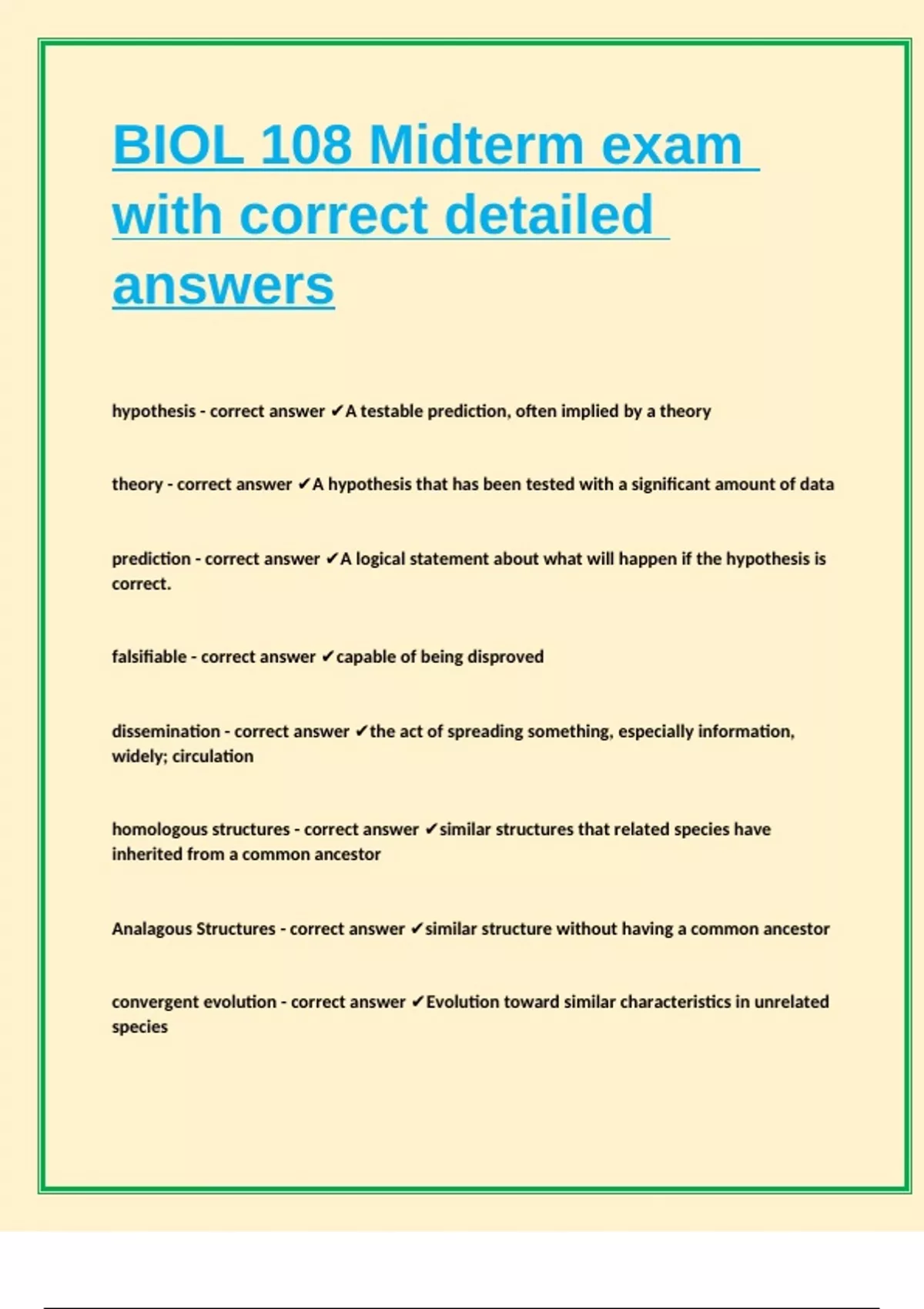BIOL 108 Midterm exam with correct detailed answers - BIO 108 - Stuvia US