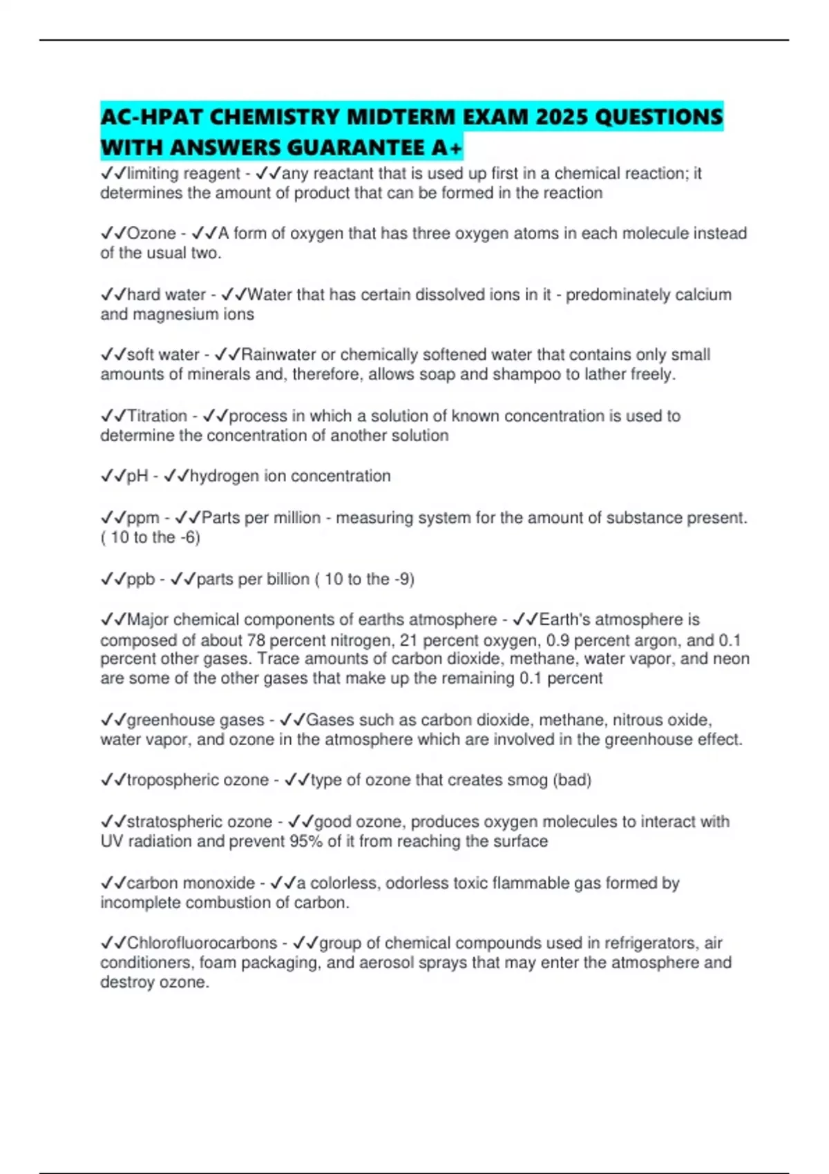 AC-HPAT CHEMISTRY MIDTERM EXAM 2025 QUESTIONS WITH ANSWERS GUARANTEE A+ ...