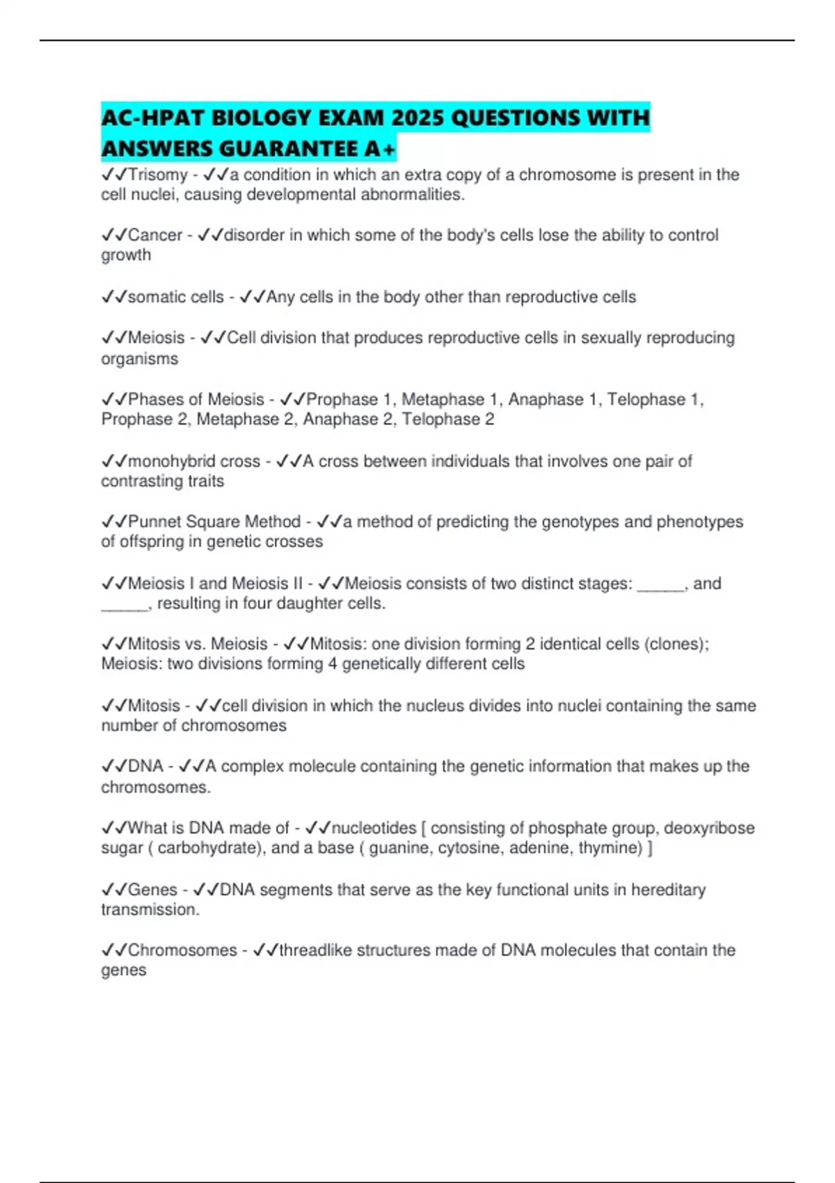 AC-HPAT BIOLOGY EXAM 2025 QUESTIONS WITH ANSWERS GUARANTEE A+ - AC-HPAT ...