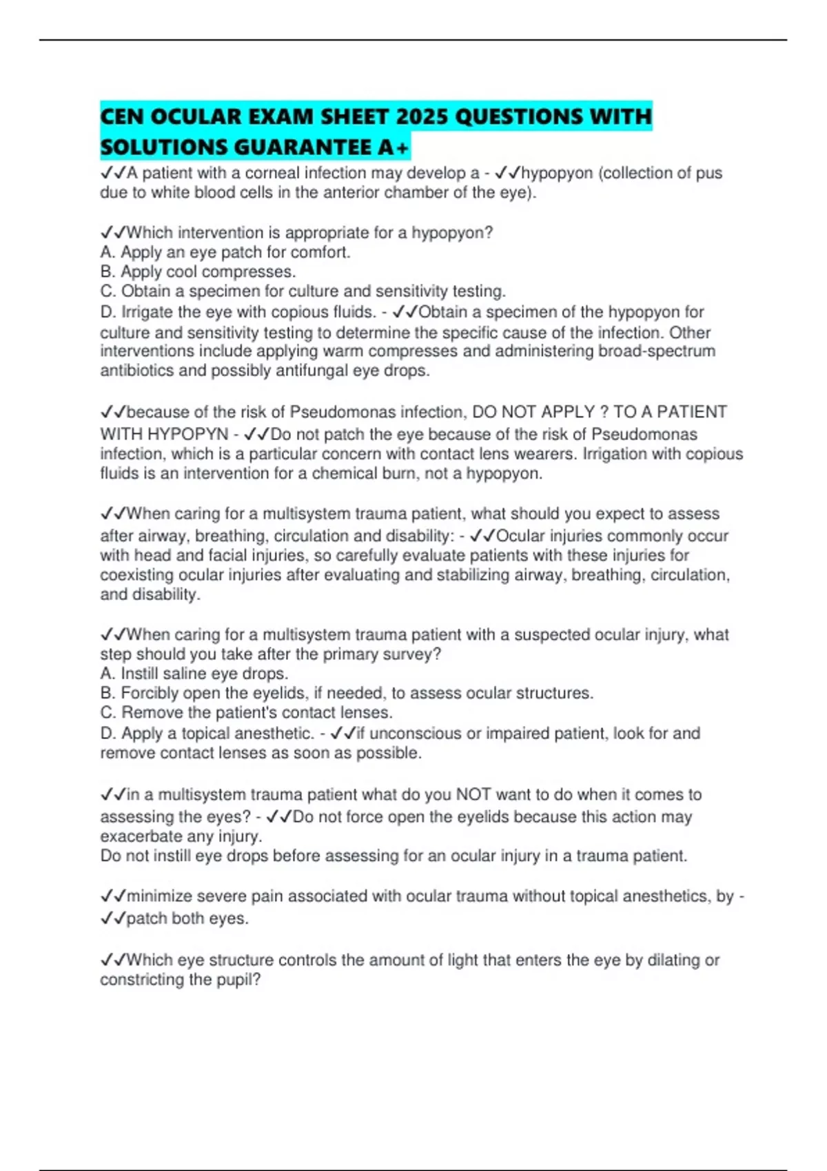 CEN OCULAR EXAM SHEET 2025 QUESTIONS WITH SOLUTIONS GUARANTEE A+ - CEN ...