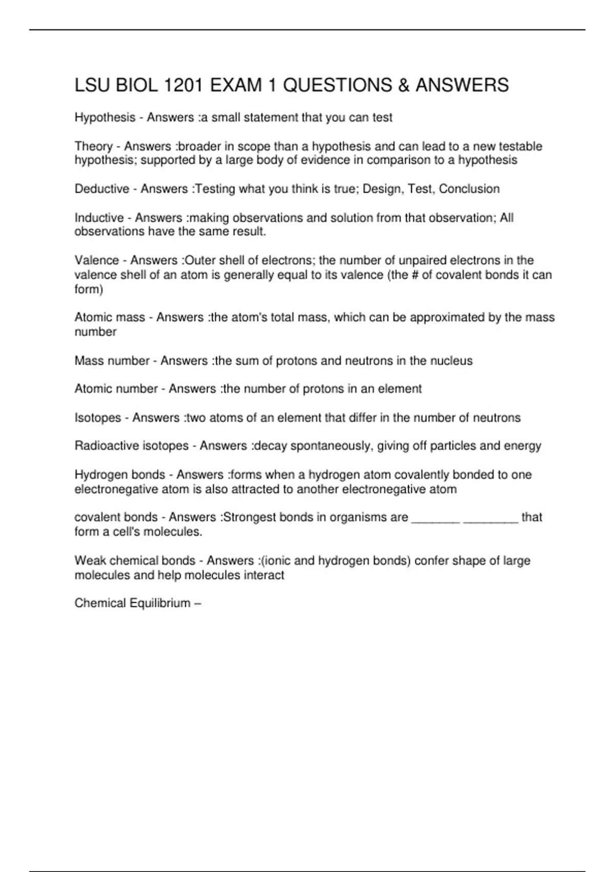 LSU BIOL 1201 EXAM 1 QUESTIONS & ANSWERS - BIOL 1201 E - Stuvia US