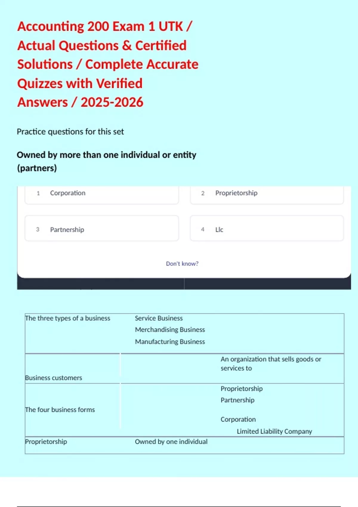 Accounting 200 Exam 1 UTK / Actual Questions & Certified Solutions / Complete Accurate Quizzes ...