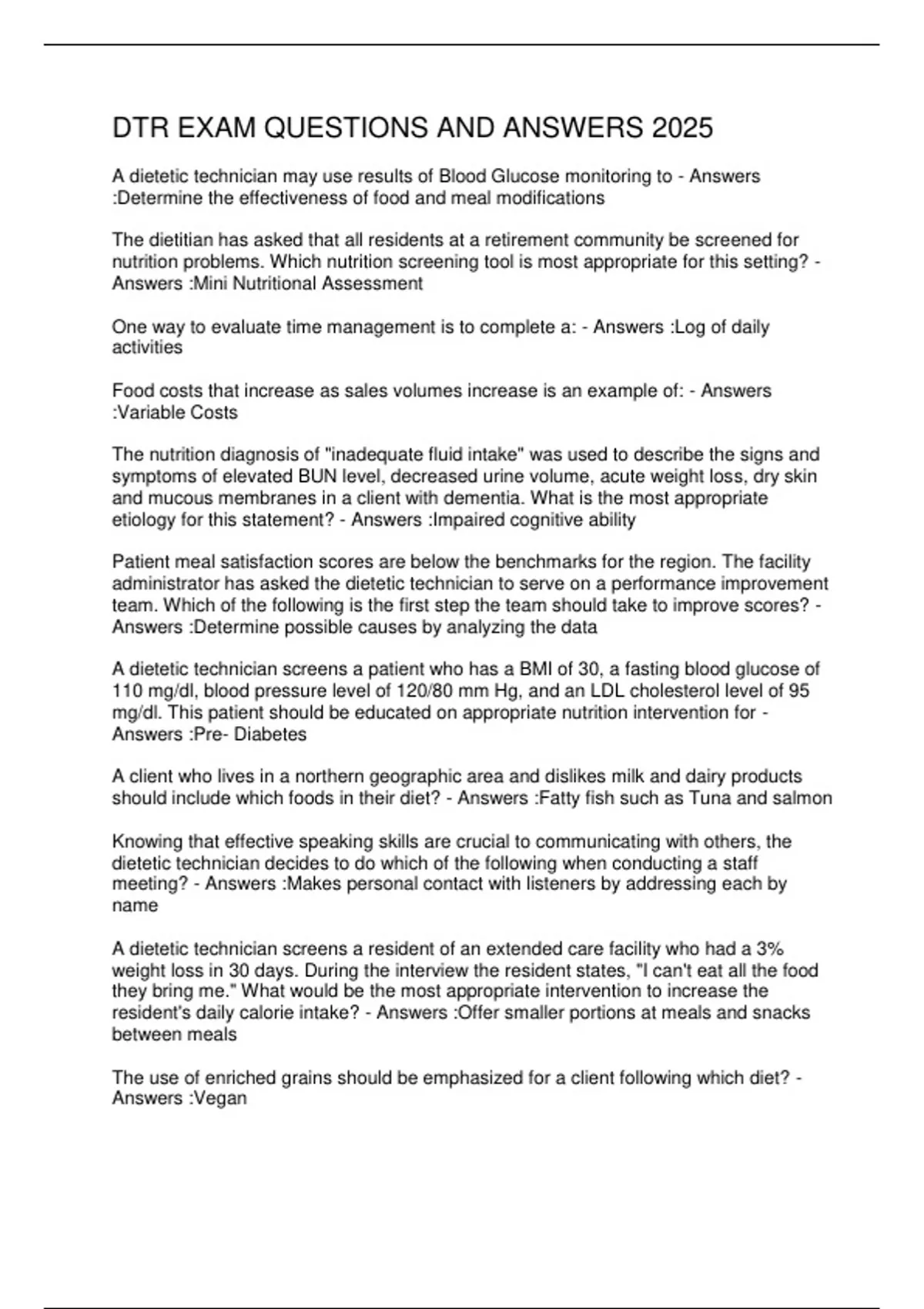 DTR EXAM QUESTIONS AND ANSWERS 2025 - DTR - Stuvia US