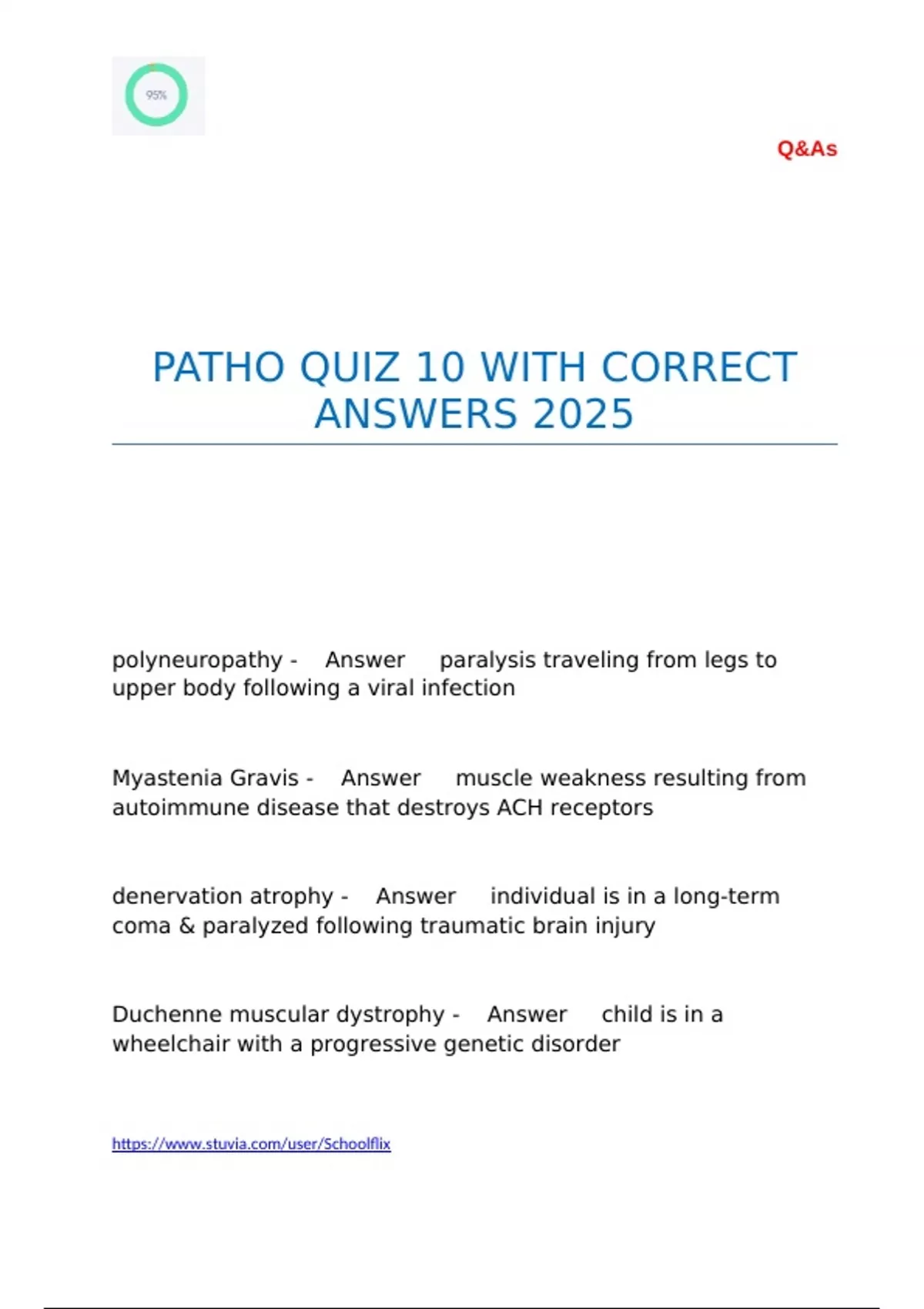 PATHO QUIZ 10 WITH CORRECT ANSWERS 2025 - Patho - Stuvia US