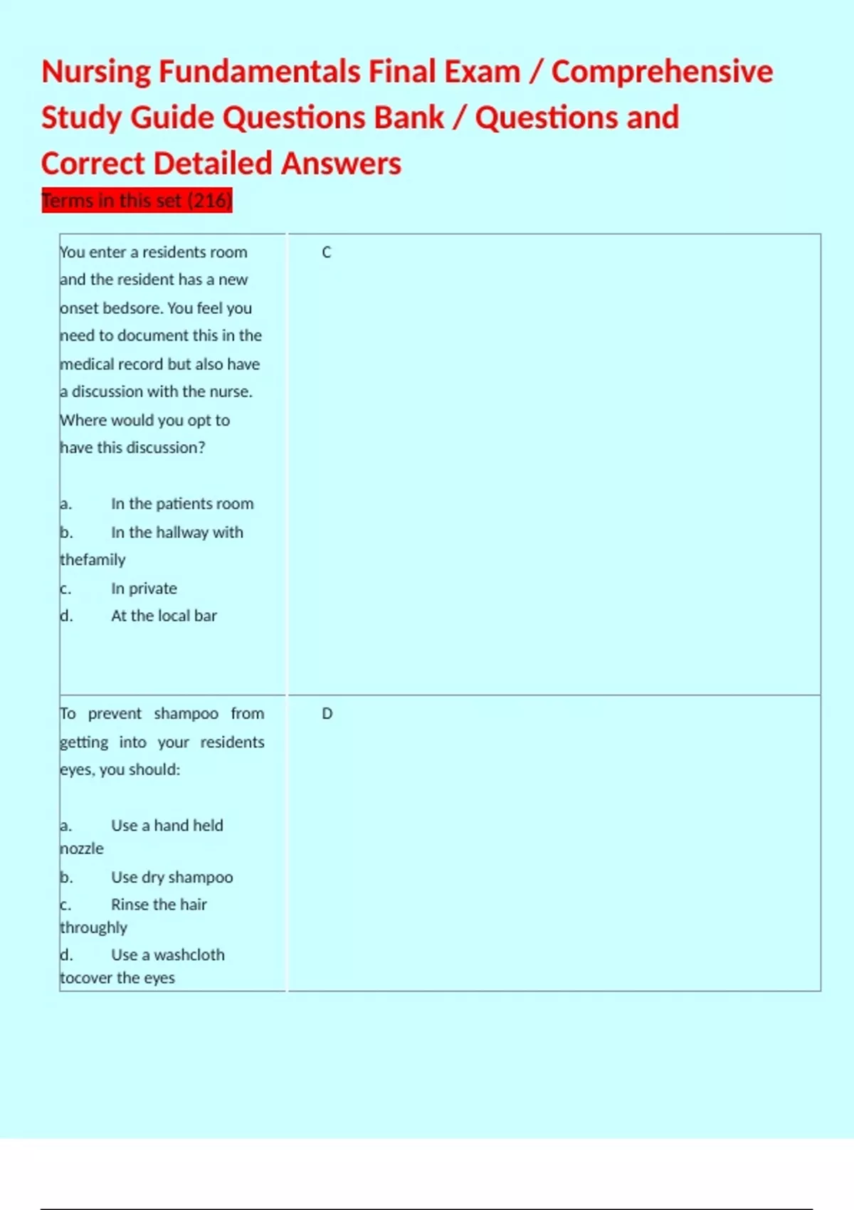 Nursing Fundamentals Final Exam / Comprehensive Study Guide Questions ...