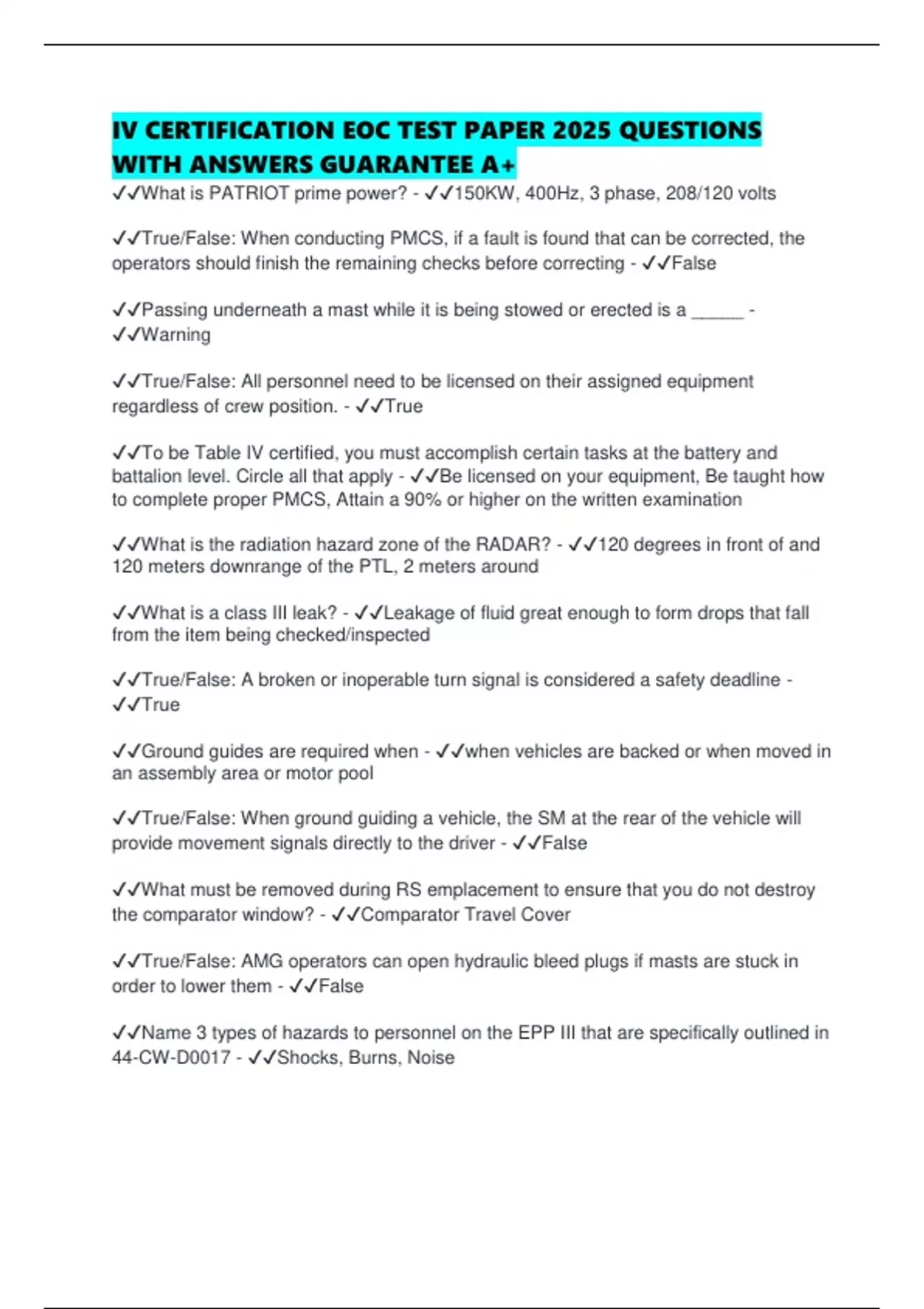 IV CERTIFICATION EOC TEST PAPER 2025 QUESTIONS WITH ANSWERS GUARANTEE ...