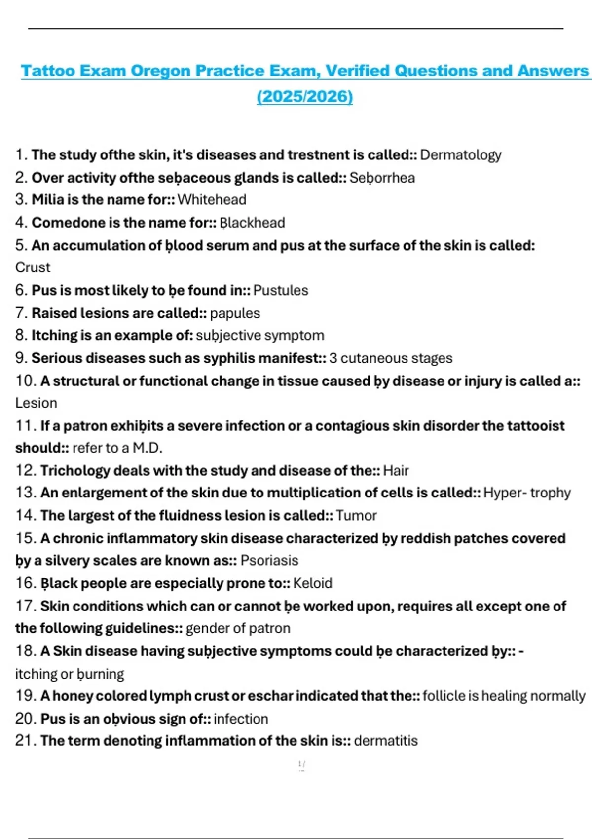 Tattoo Exam Oregon Practice Exam, Verified Questions and Answers (2025/ ...