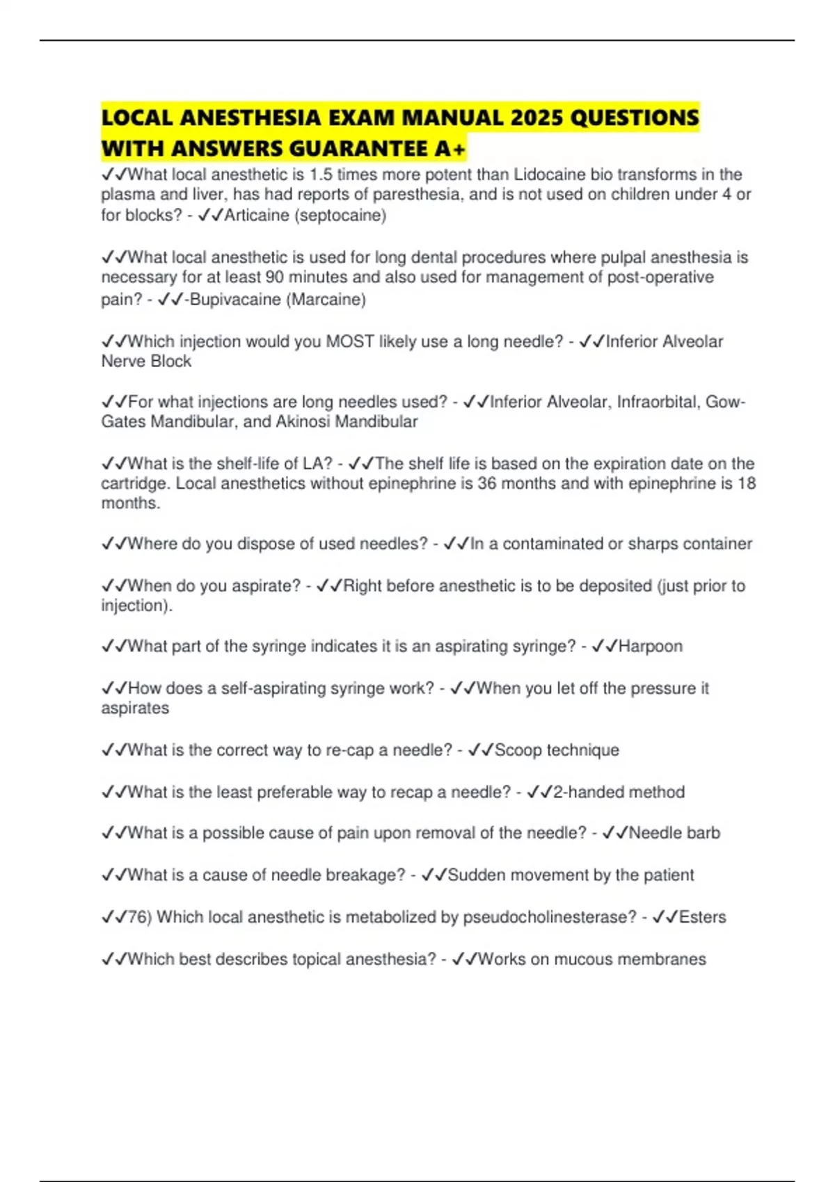 LOCAL ANESTHESIA EXAM MANUAL 2025 QUESTIONS WITH ANSWERS GUARANTEE A+ ...