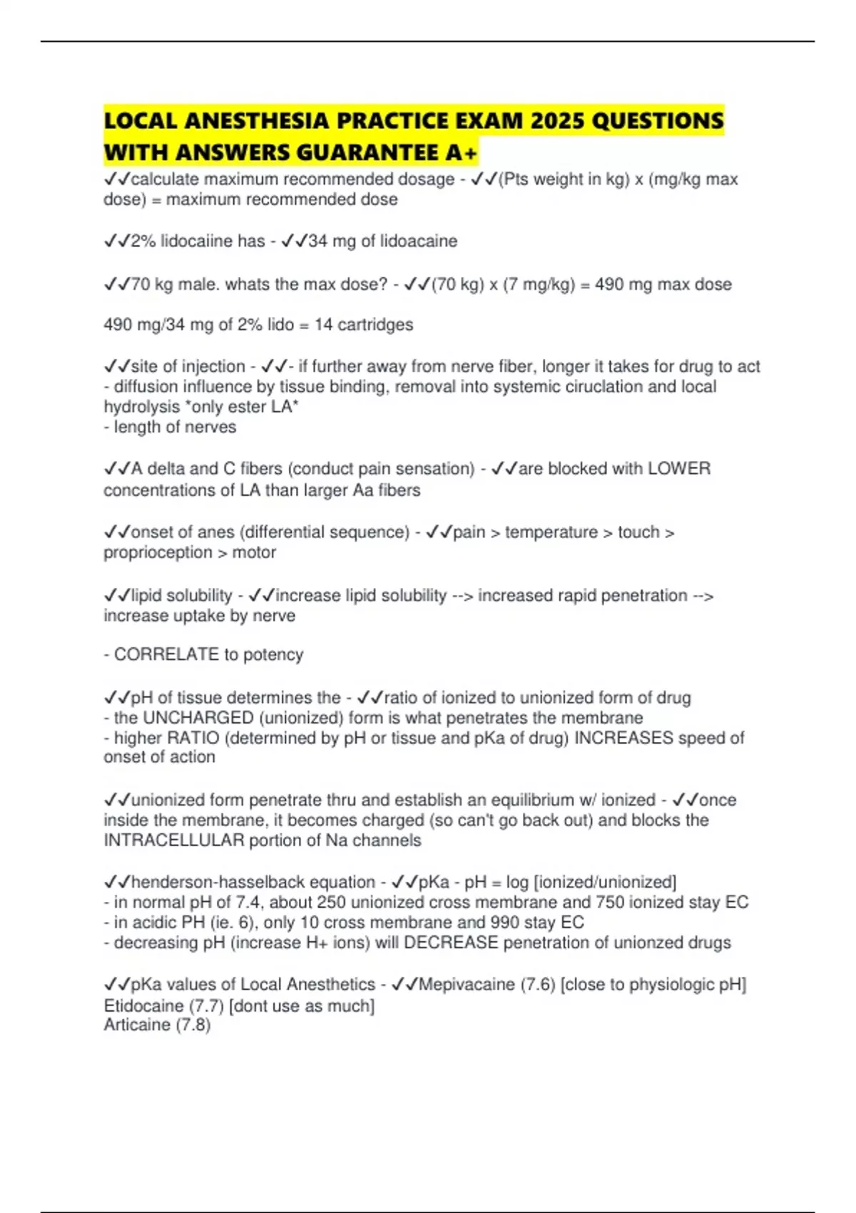 LOCAL ANESTHESIA PRACTICE EXAM 2025 QUESTIONS WITH ANSWERS GUARANTEE A+ ...