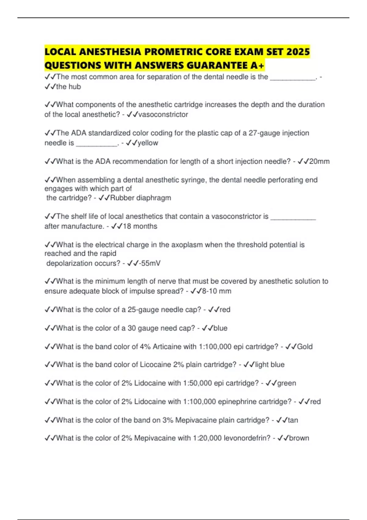 LOCAL ANESTHESIA PROMETRIC CORE EXAM SET 2025 QUESTIONS WITH ANSWERS ...