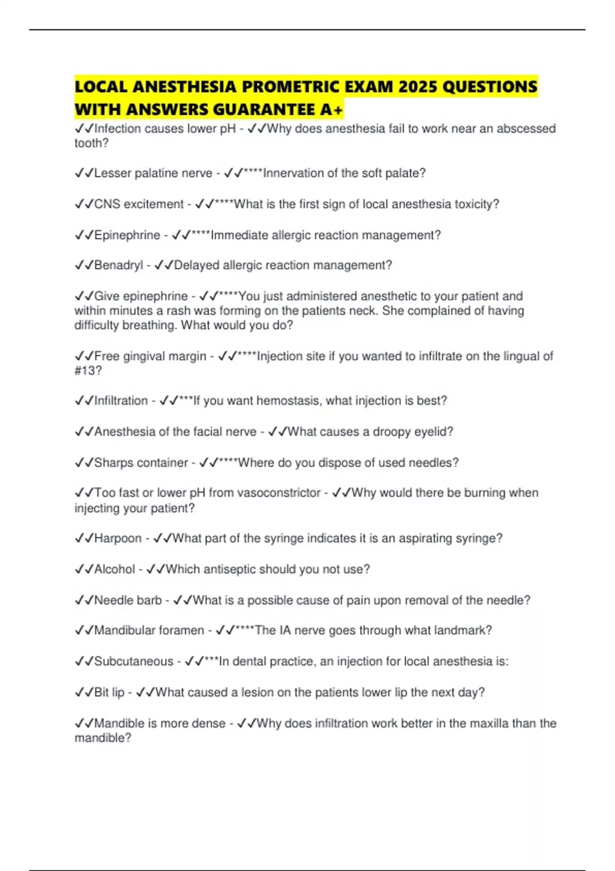 LOCAL ANESTHESIA PROMETRIC EXAM 2025 QUESTIONS WITH ANSWERS GUARANTEE ...