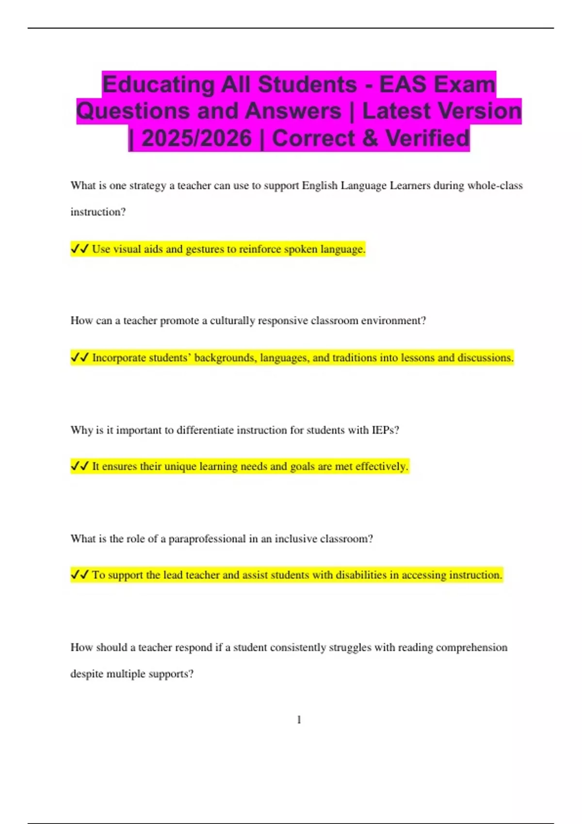 Educating All Students - EAS Exam Questions and Answers | Latest ...