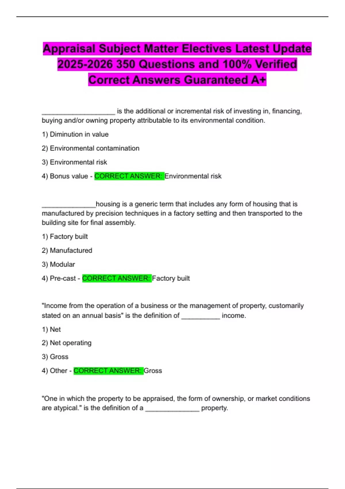 Appraisal Subject Matter Electives Latest Update Questions and 100% ...