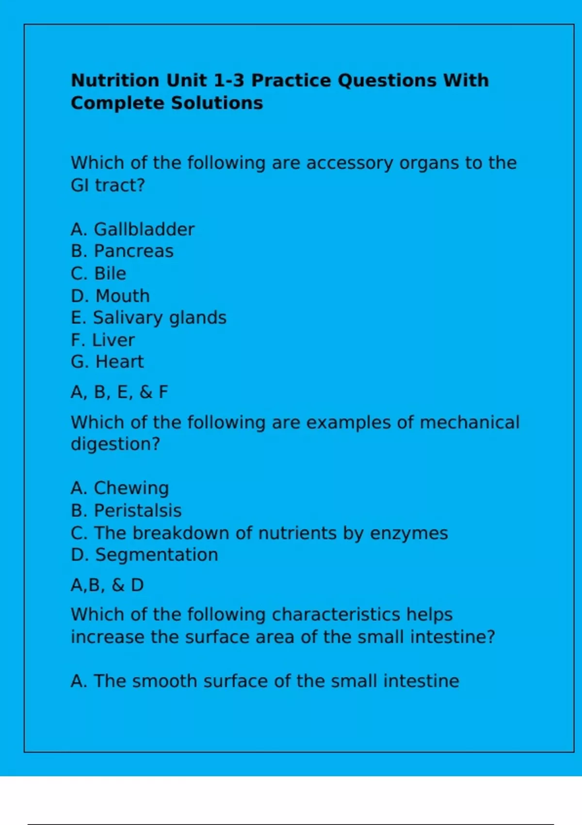 Nutrition Unit 1-3 Practice Questions With Complete Solutions ...