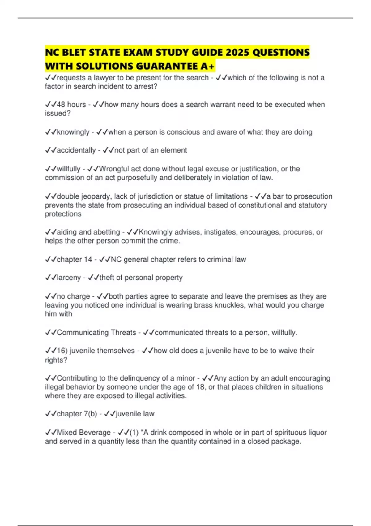 NC BLET STATE EXAM STUDY GUIDE 2025 QUESTIONS WITH SOLUTIONS GUARANTEE ...