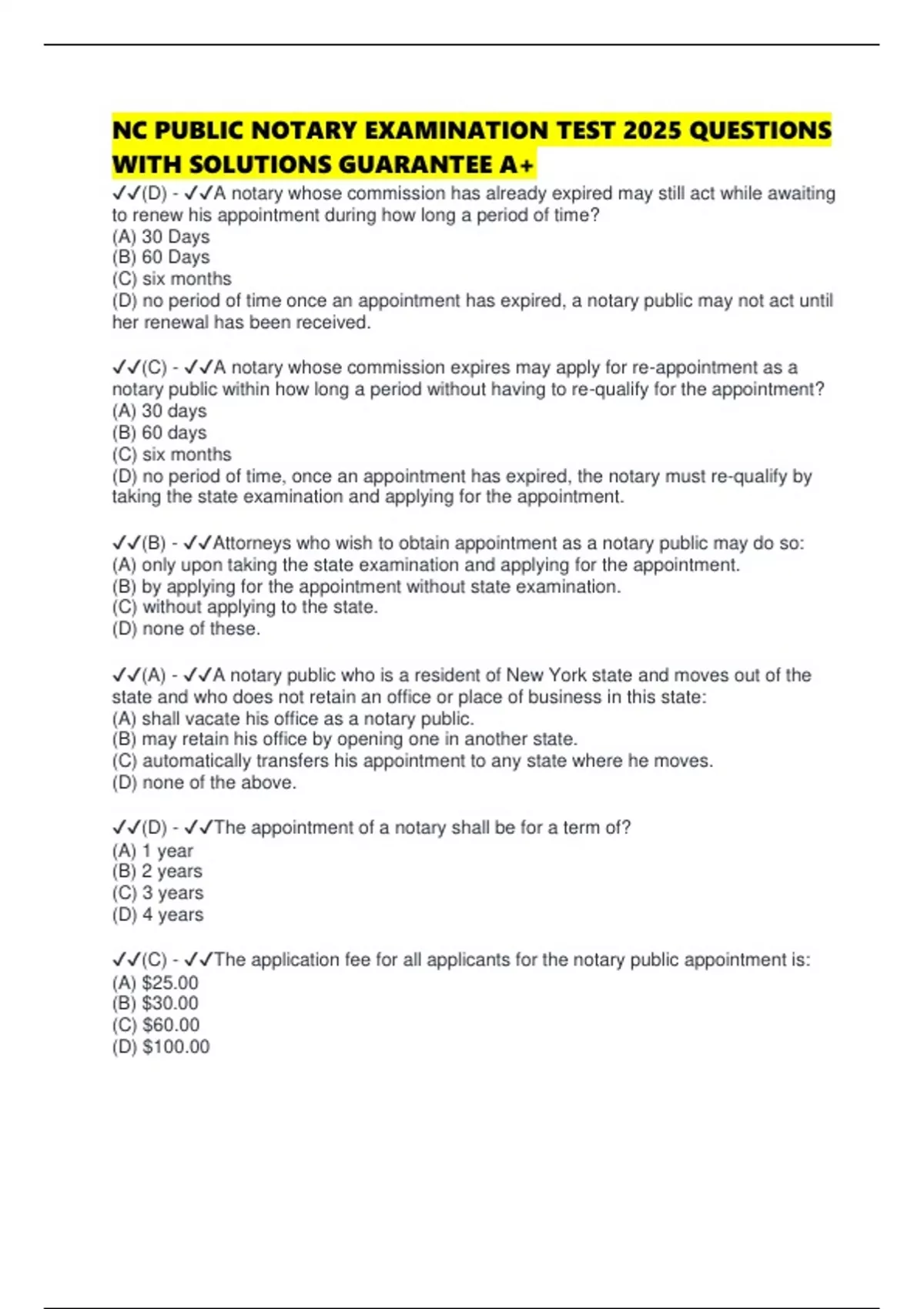 NC PUBLIC NOTARY EXAMINATION TEST 2025 QUESTIONS WITH SOLUTIONS ...