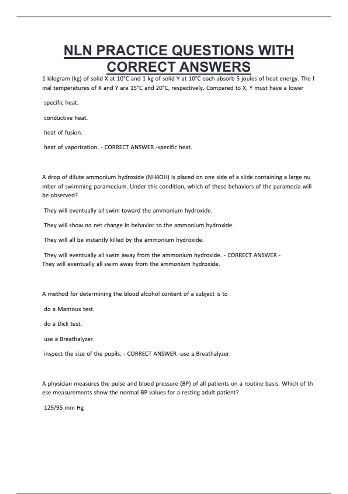NLN PRACTICE QUESTIONS WITH CORRECT ANSWERS - NLN NEX - Stuvia US